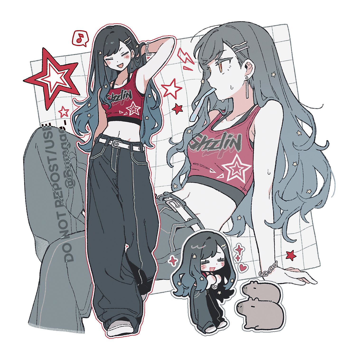 Safebooru - 1girl arm at side arm support armpits baggy pants bare arms bare shoulders belt ...