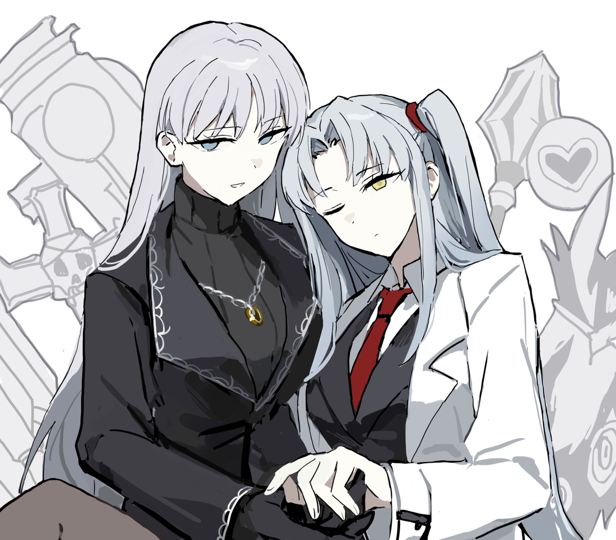 Safebooru - 2girls angela (project moon) angelica (project moon) black jacket black sweater blue ...