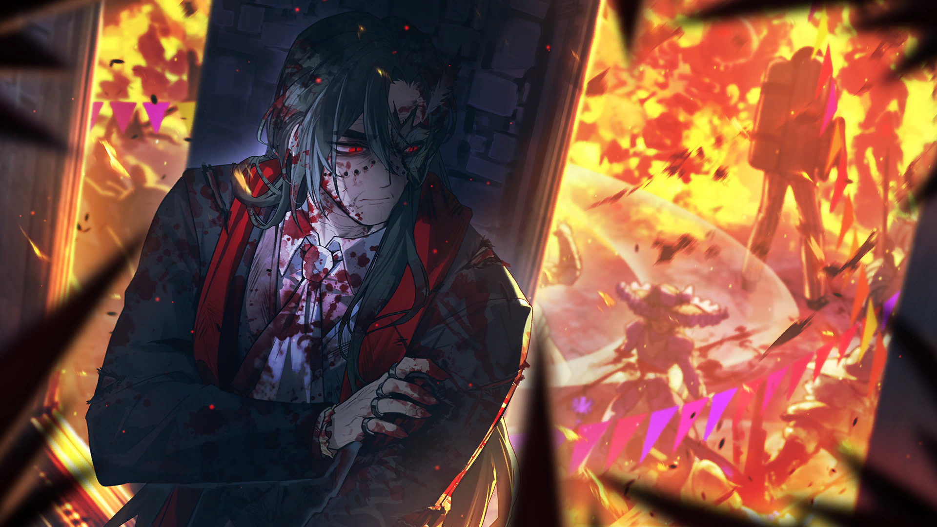 Safebooru - 2boys alternate eye color ascot bisected black hair black ...