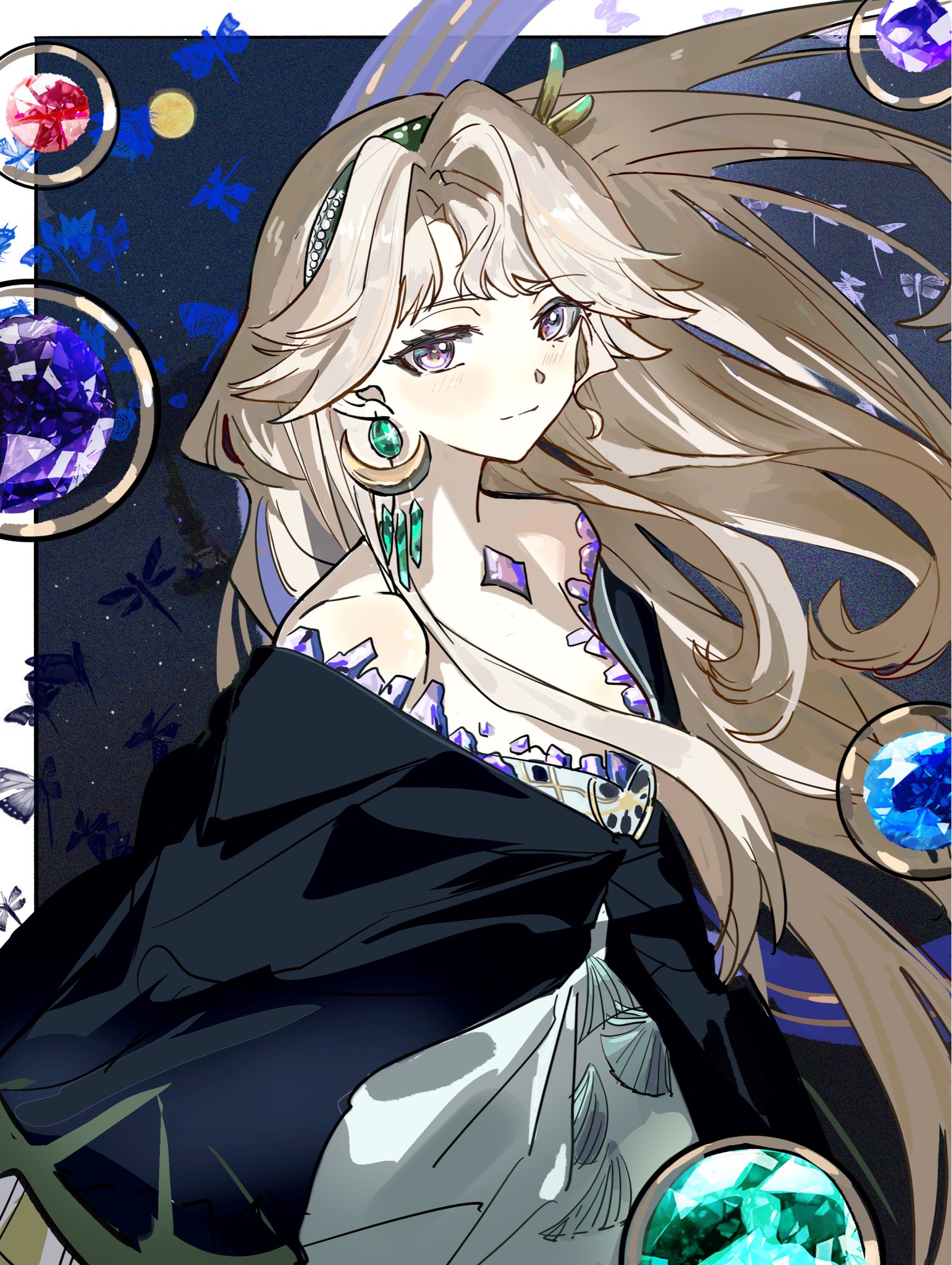 Safebooru - 1girl bare shoulders beryl bouanich black cloak blue ...