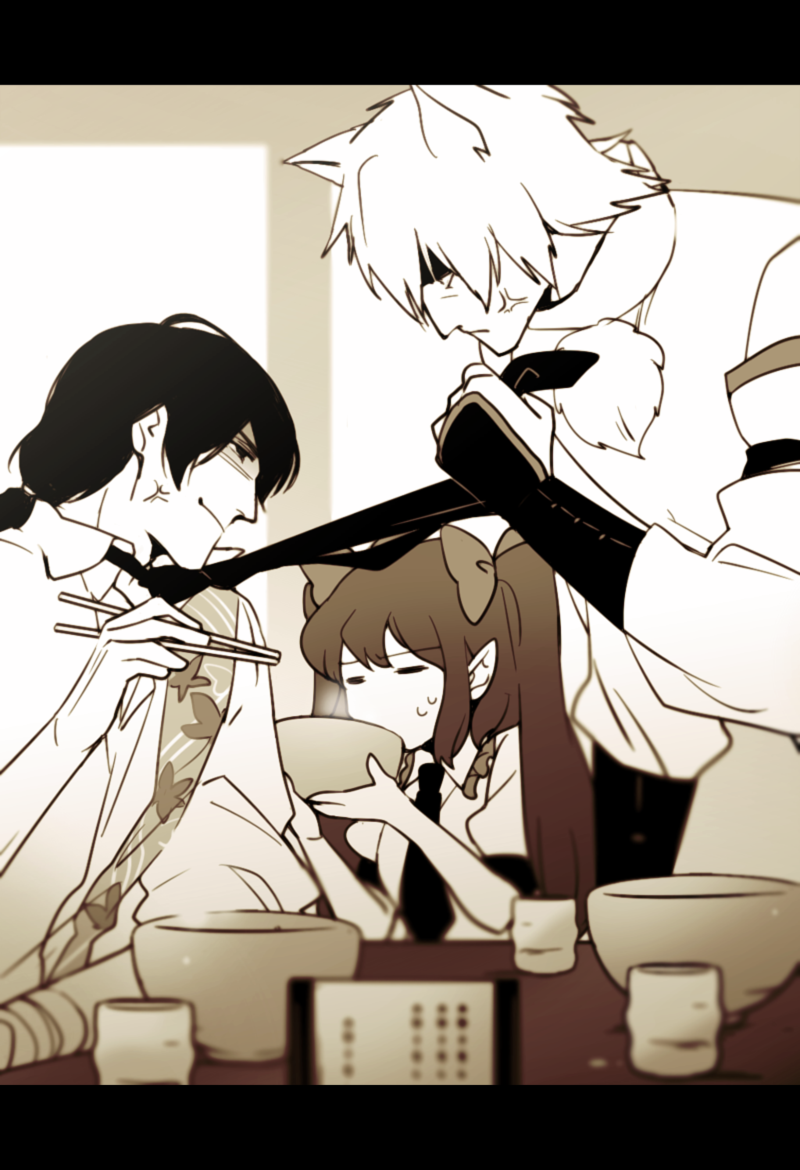 Safebooru - 1girl 2boys = = anger vein animal ears bandages bowl chikage (kinokodou) chopsticks ...