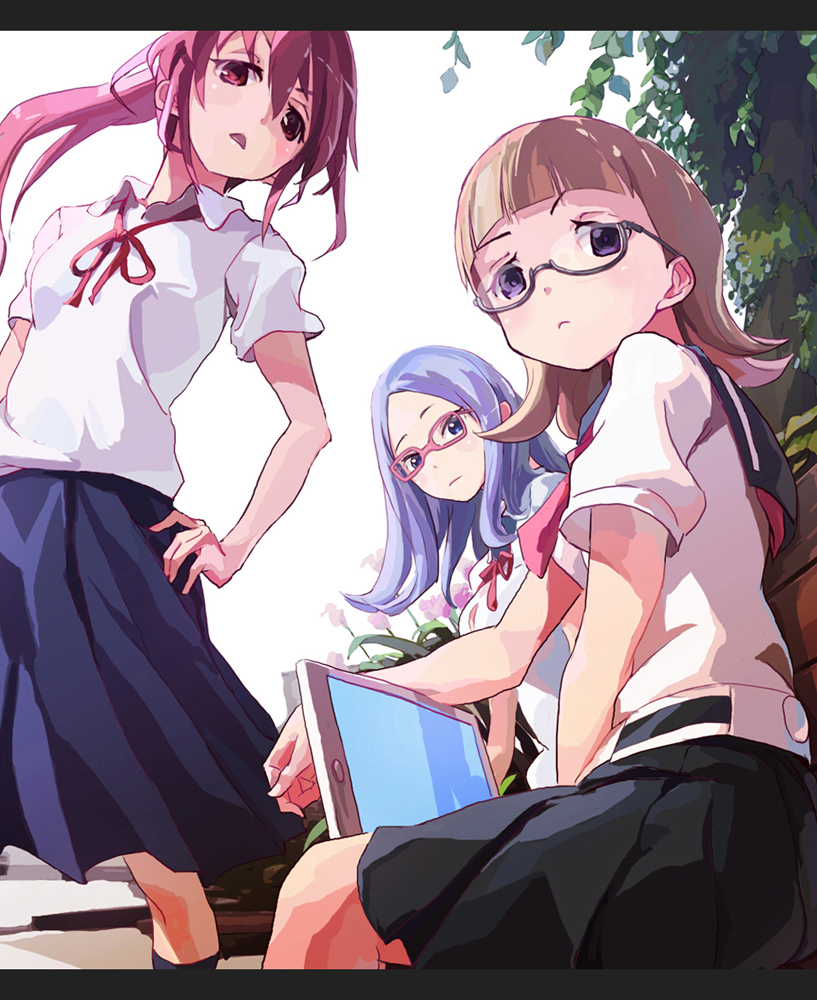 Safebooru - 3girls atago hiroe atago kinue bench black legwear blue ...