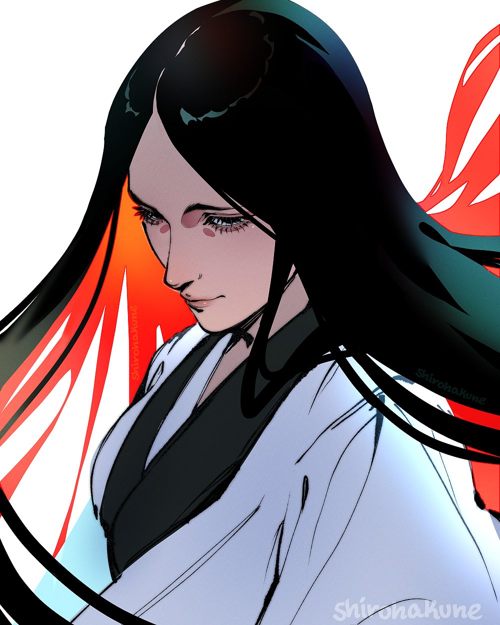 Safebooru - 1girl artist name black hair black kimono bleach breasts ...