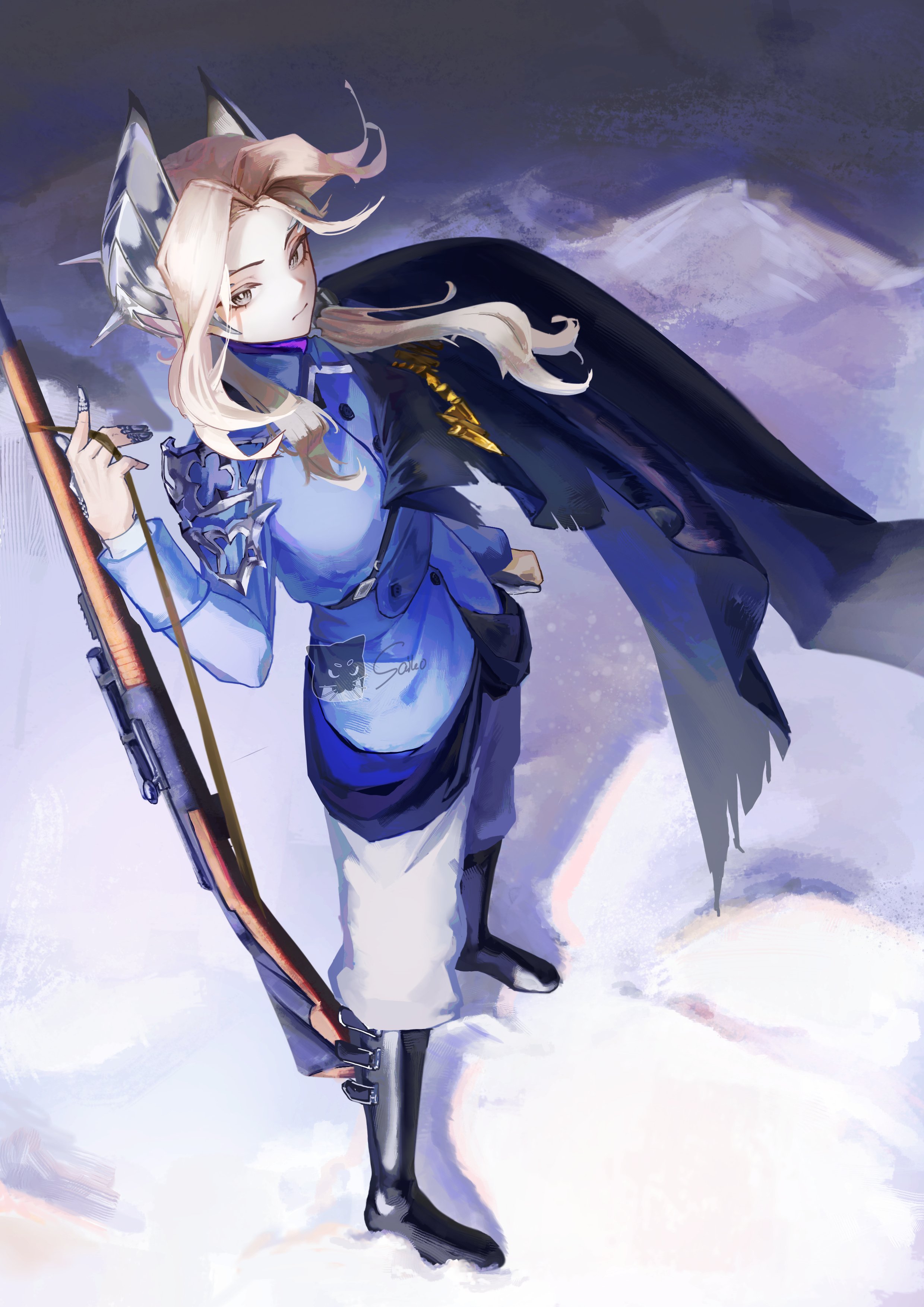 Safebooru - 1girl :| absurdres black boots black cape blue jacket boots ...