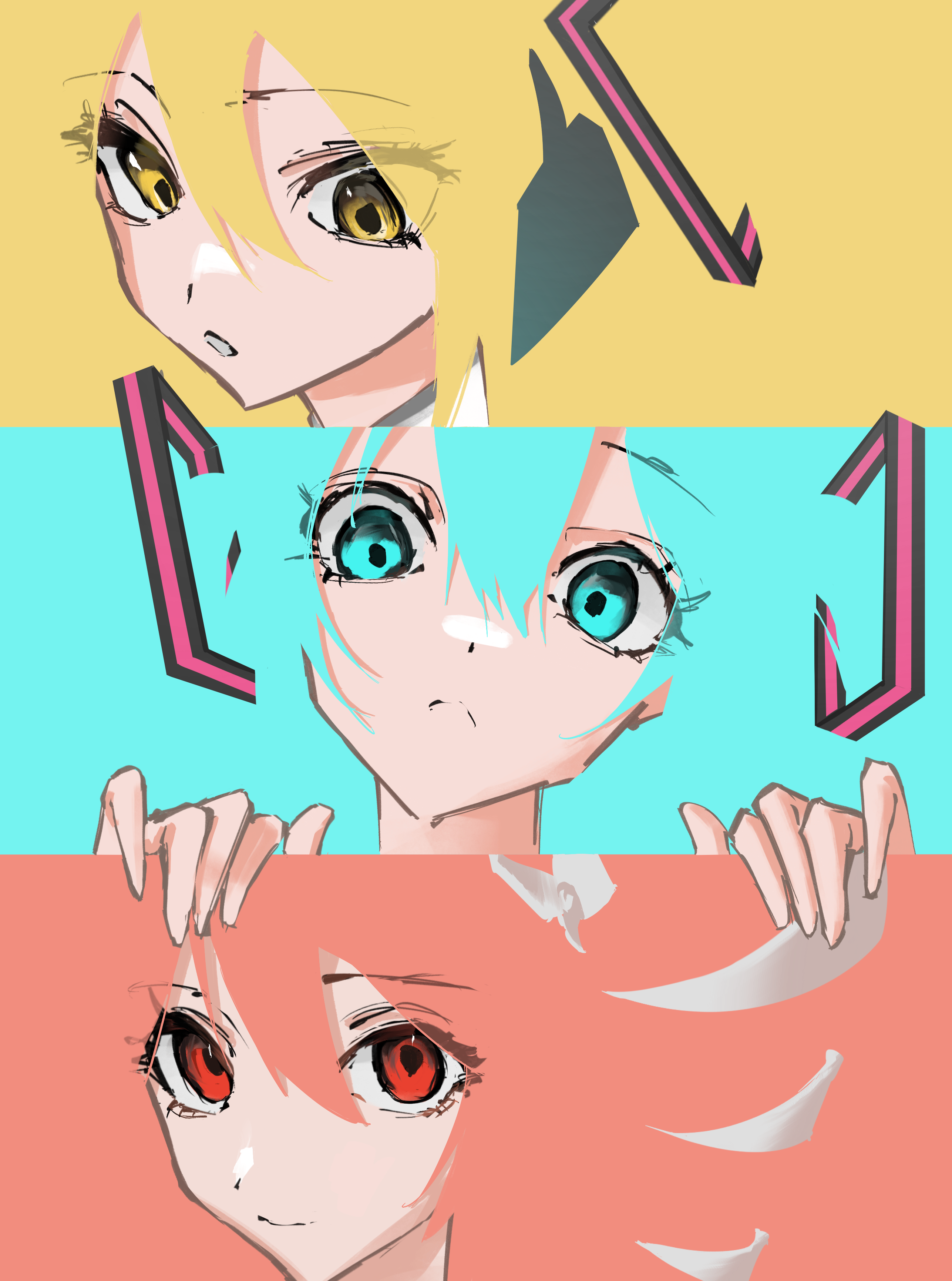 Safebooru - 3girls absurdres akita neru aqua eyes aqua hair blending ...