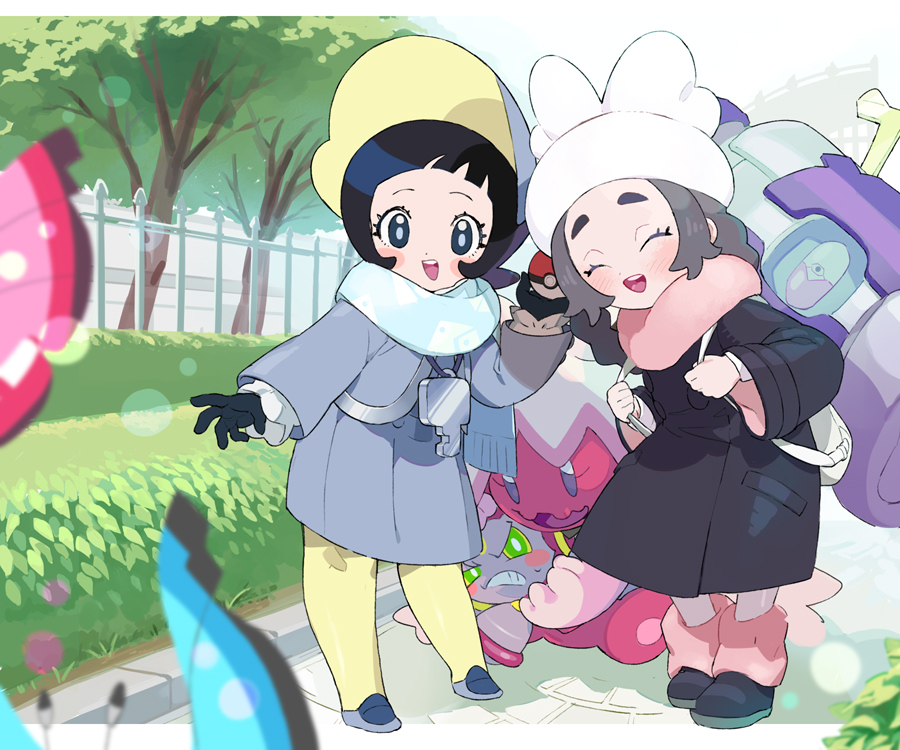 Safebooru - 2girls :d ansha (pokemon) backpack bag black eyes black ...