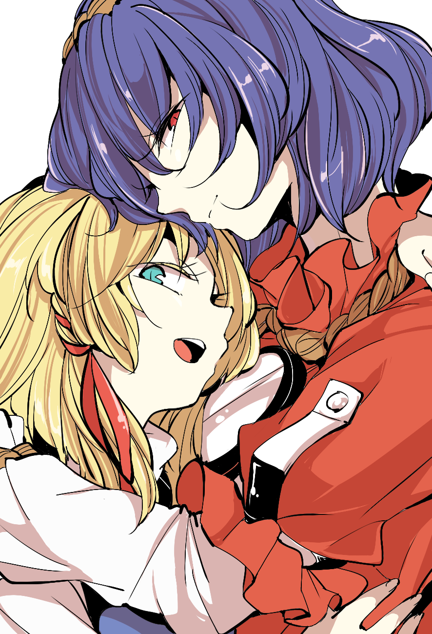 Safebooru - 2girls blonde hair blue hair green eyes hat highres hug ...