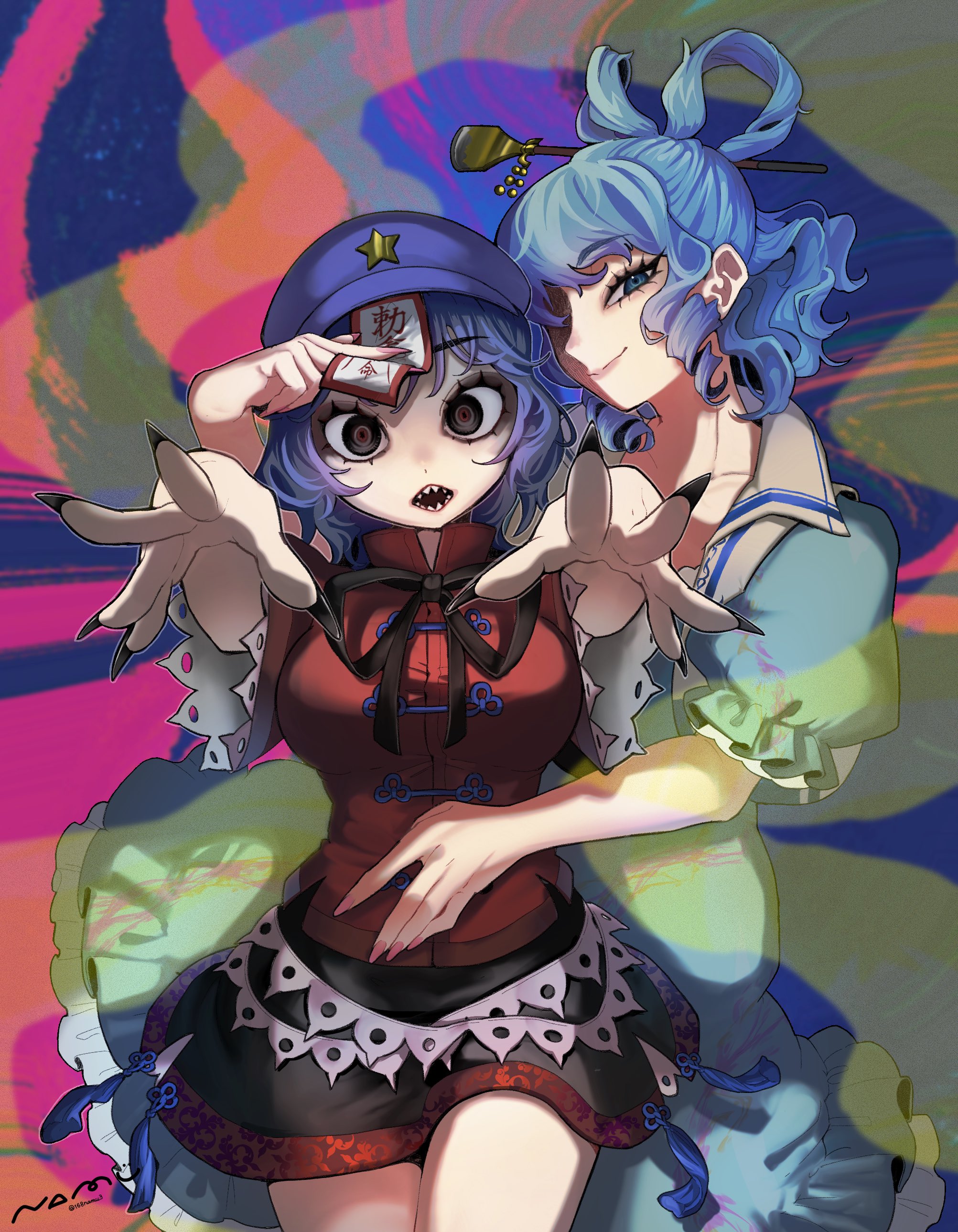 Safebooru - 168namu3 2girls :> absurdres between fingers blue dress ...