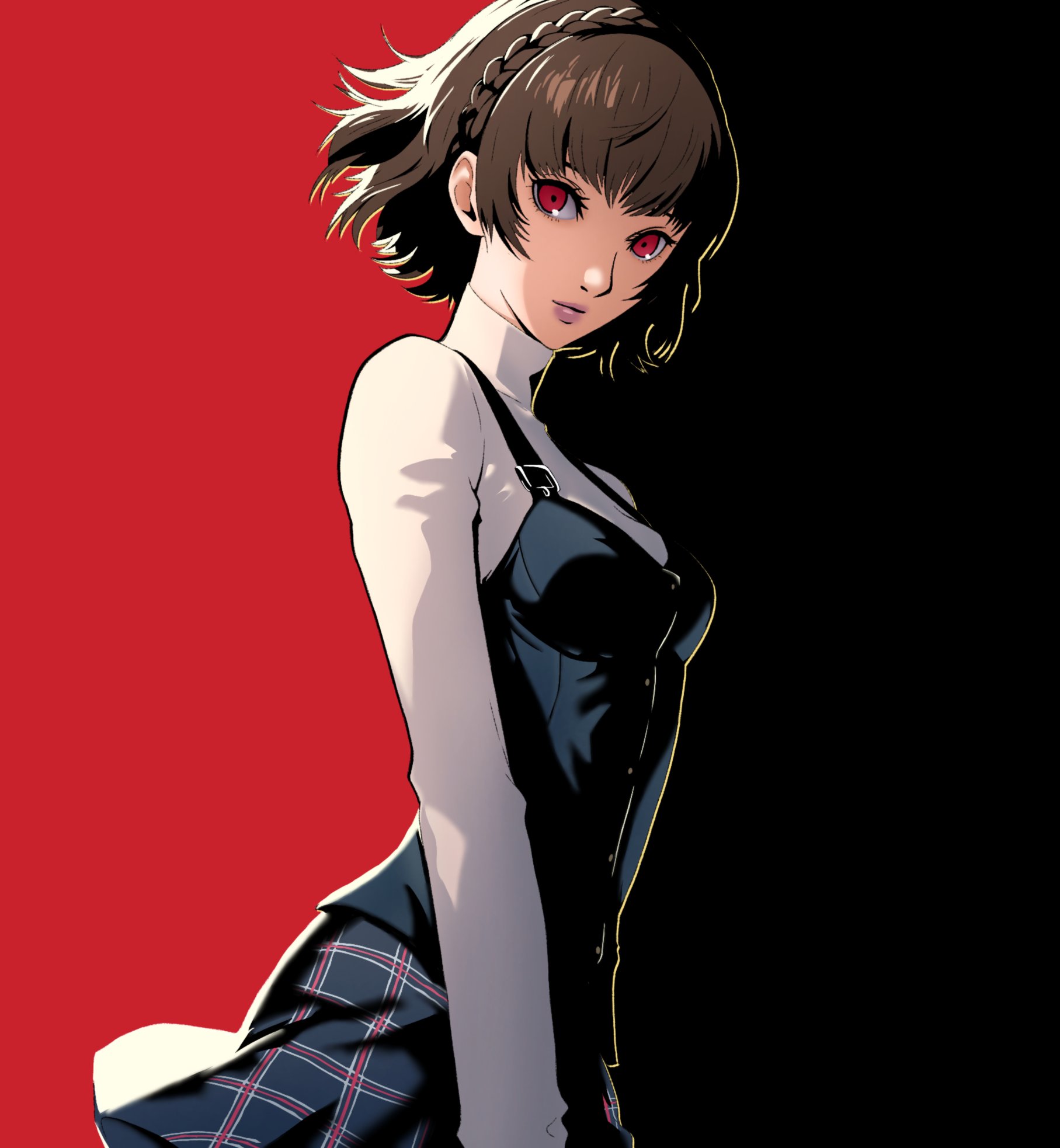 Safebooru - 1girl arm at side black background black skirt black vest braid breasts brown hair ...