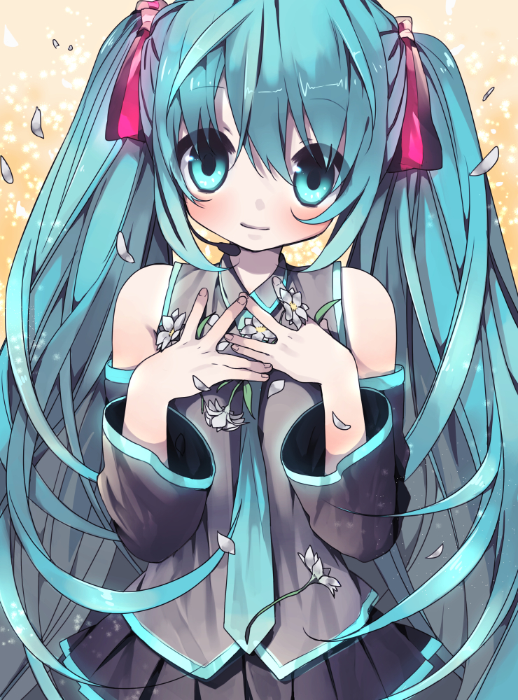 Safebooru - 1girl aqua eyes aqua hair artist request blush detached sleeves flower hands on own ...
