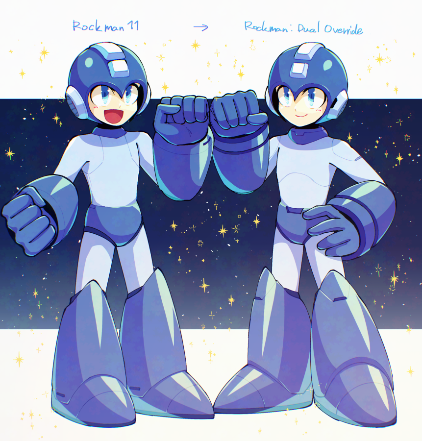 Safebooru - 2boys blue eyes blue helmet commentary request fist bump ...