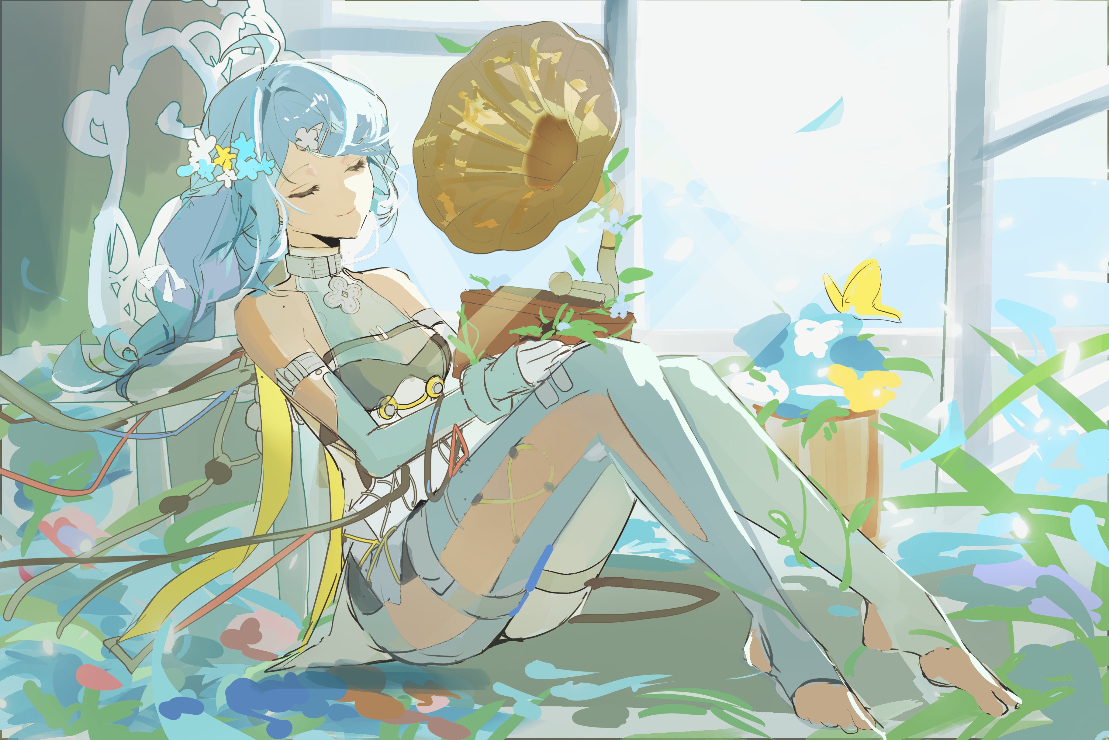 Safebooru - 1girl absurdres ahoge bada bam bare shoulders blue hair bug ...