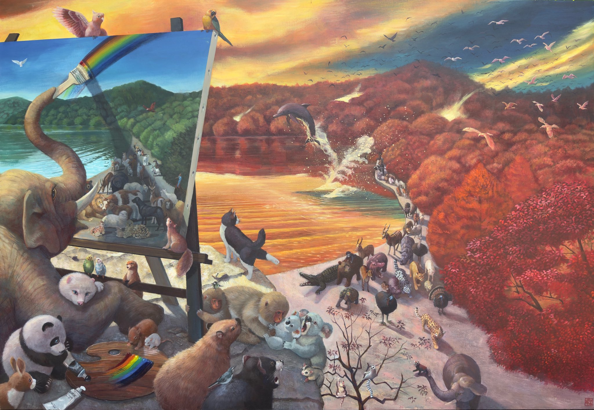 Safebooru - animal focus bear beaver bird cat clouds cloudy sky ...