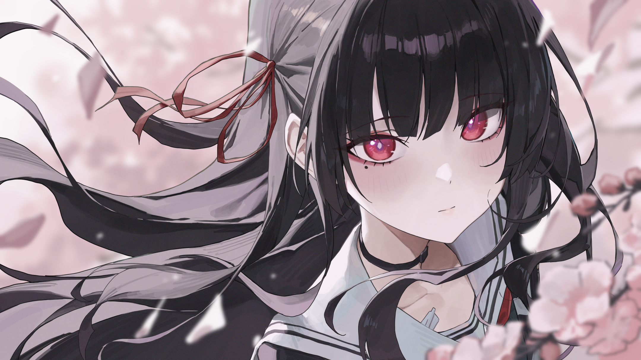 Safebooru - 1girl black choker black hair black shirt blurry blurry ...