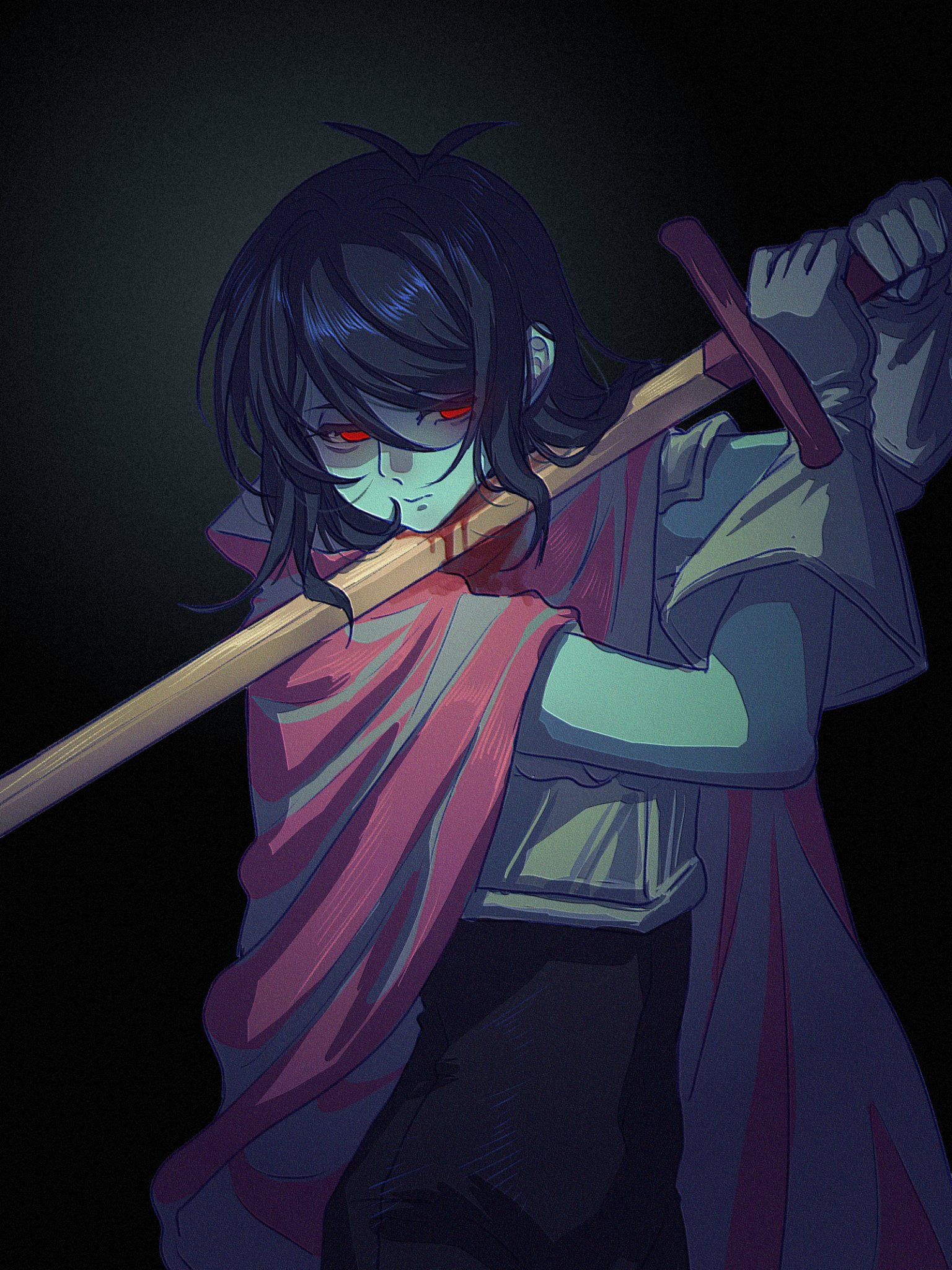 Safebooru - 1other armor black background black hair black unitard ...