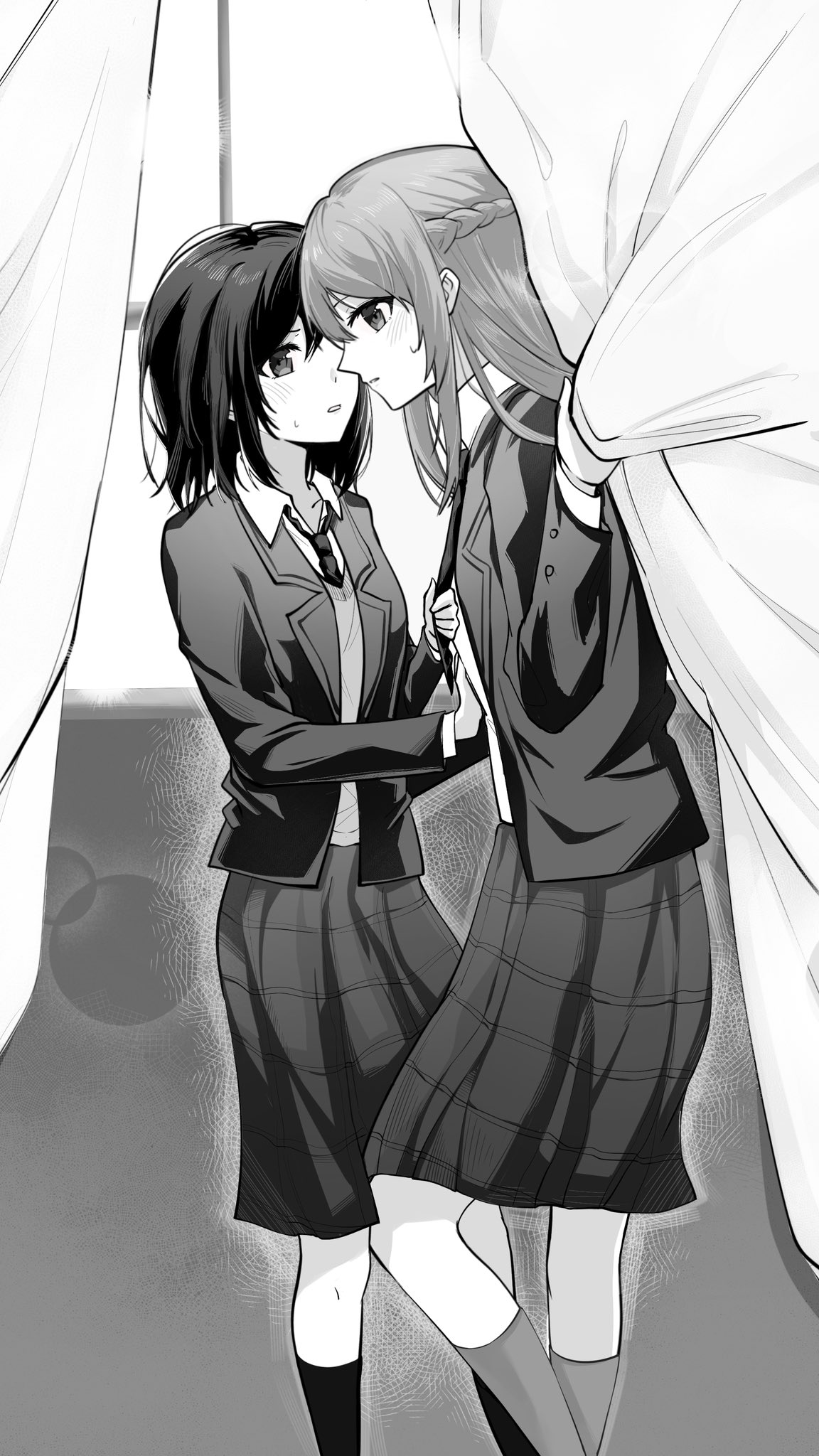Safebooru - 2girls blush braid clothes grab commentary curtains ...