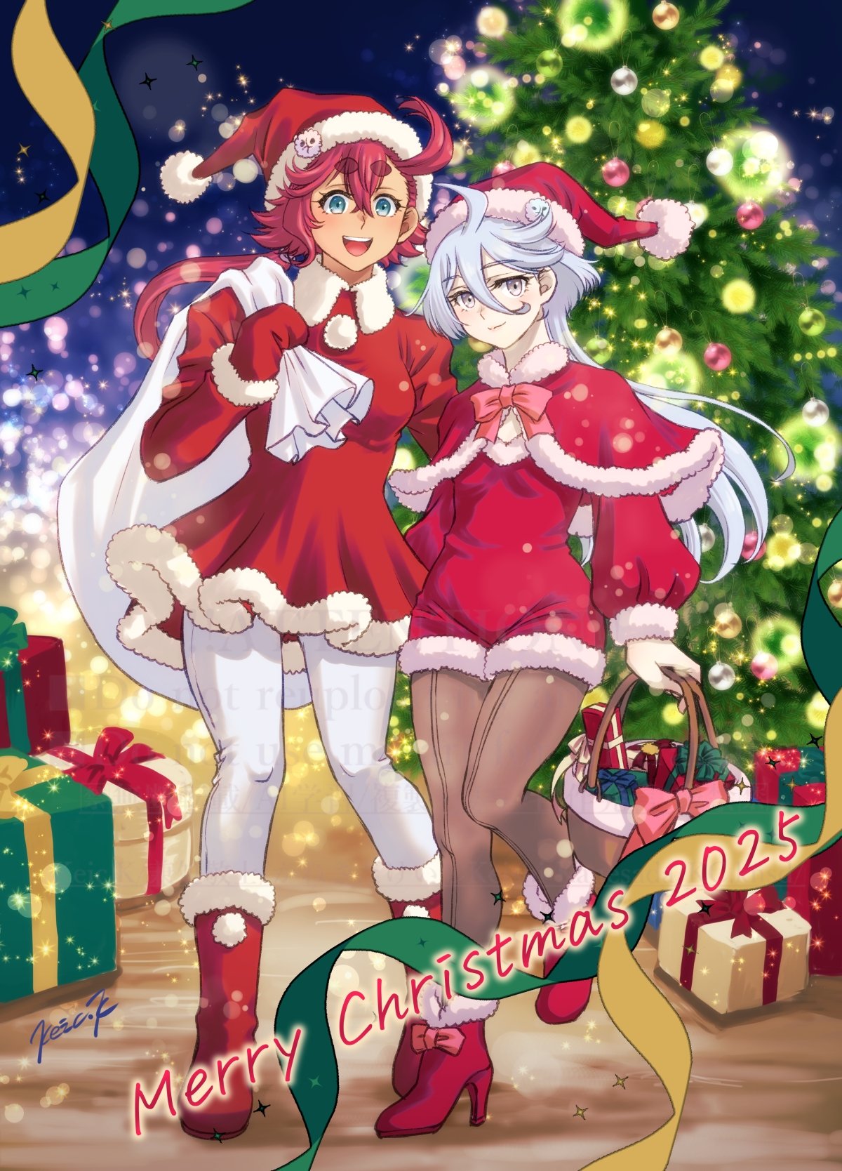 Safebooru - 2girls blue eyes boots box christmas christmas tree dark ...