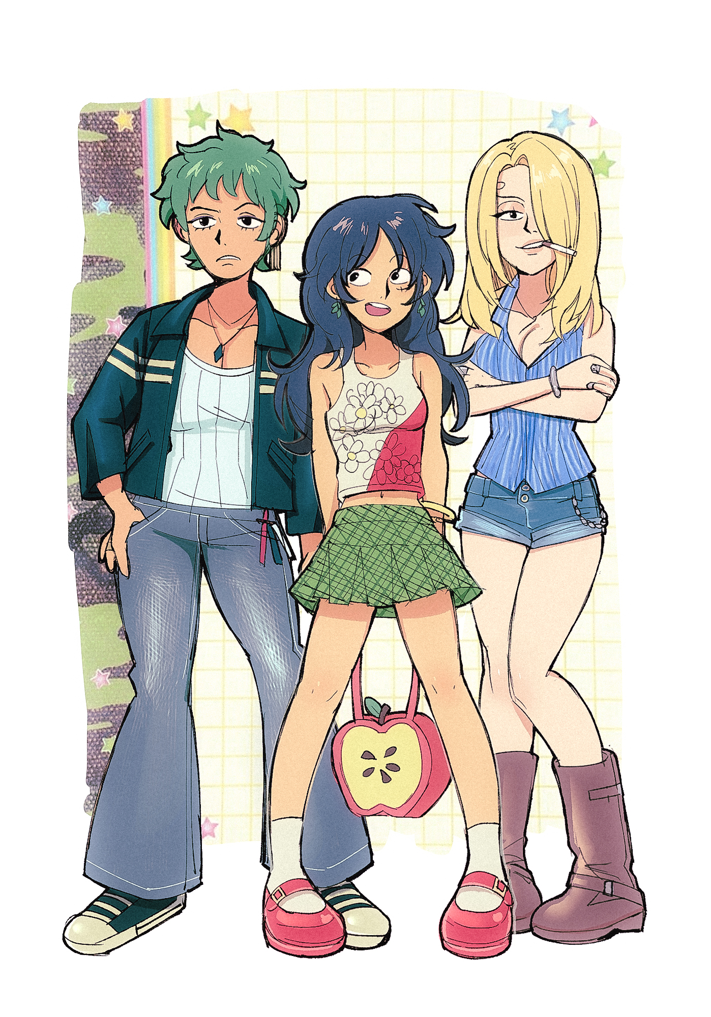 Safebooru - 3girls alternate costume bell-bottoms black eyes blonde ...