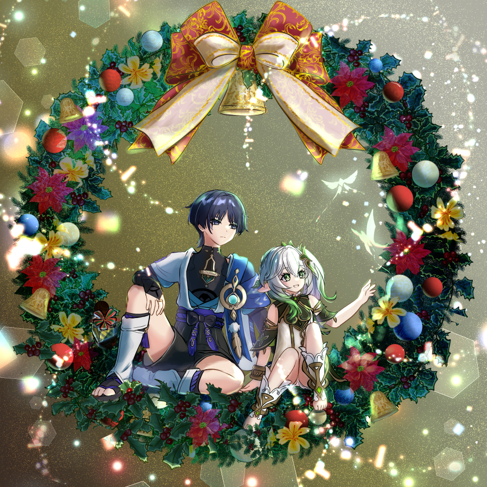 Safebooru - 1boy 1girl anklet arm at side arm on knee armlet armor ...