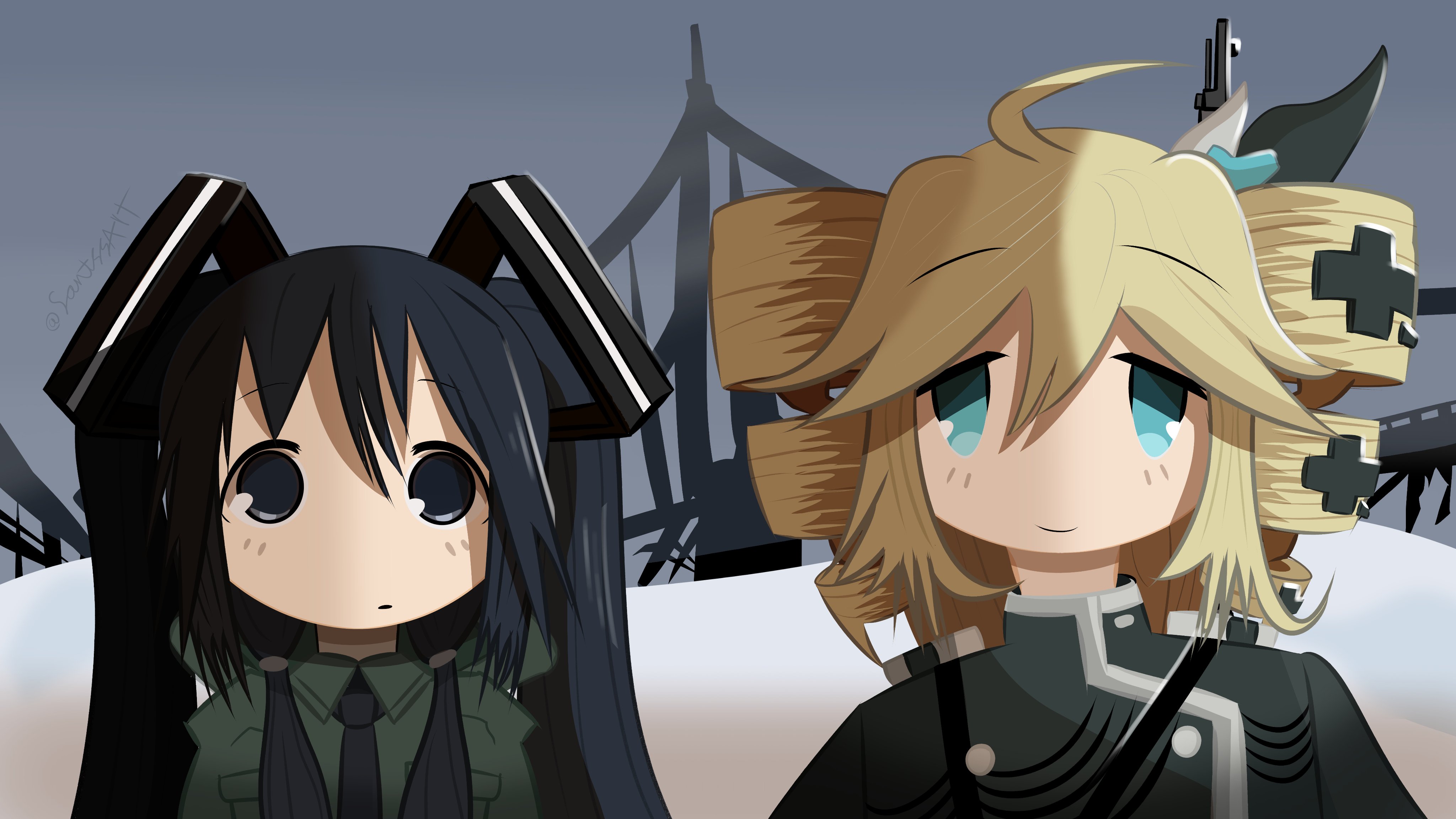 Safebooru - 2girls absurdres ahoge black eyes black hair blonde hair ...