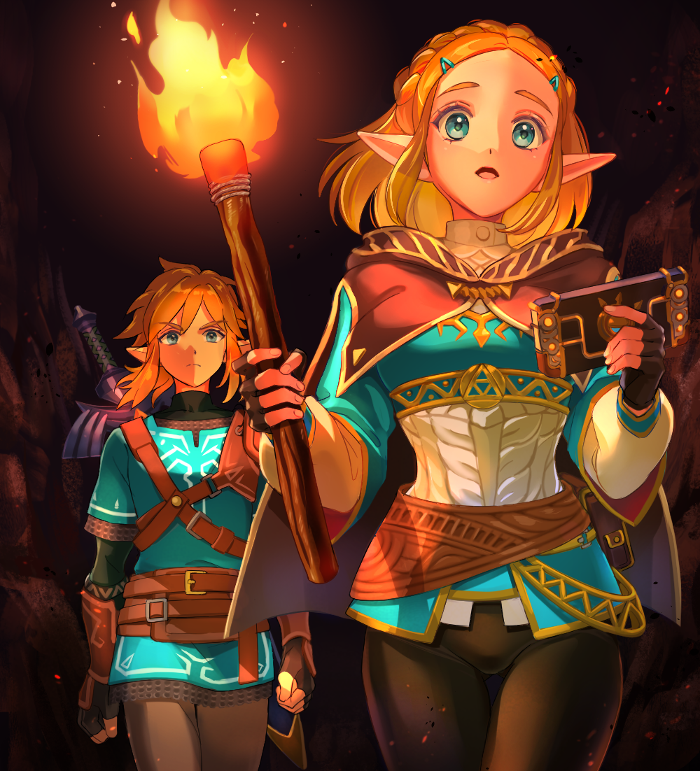 Safebooru - 1boy 1girl black pants blonde hair blue eyes blue tunic ...