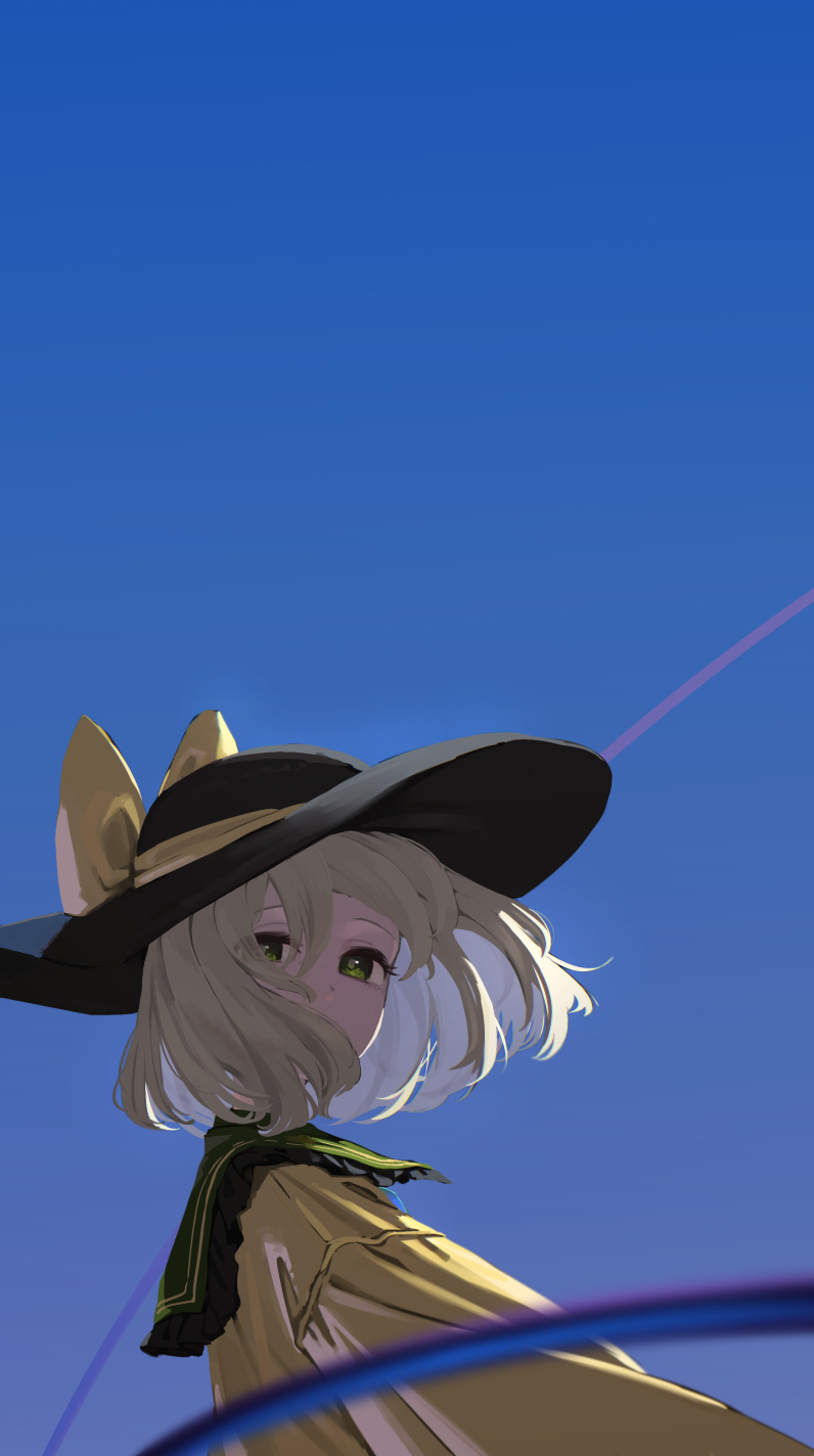 Safebooru - 1girl black hat blue background bow collared shirt ...