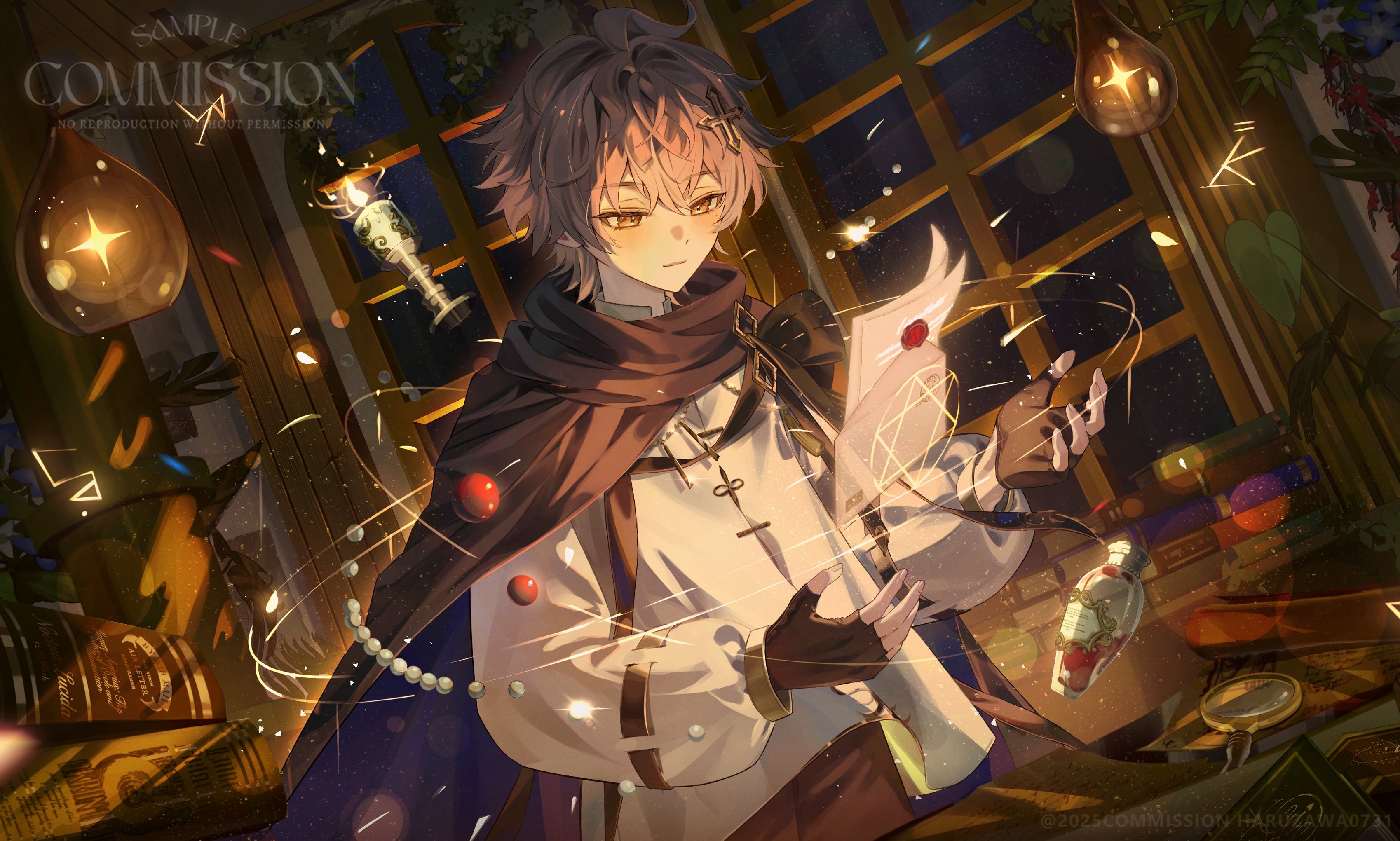 Safebooru - 1boy absurdres ahoge black gloves book book stack candle ...