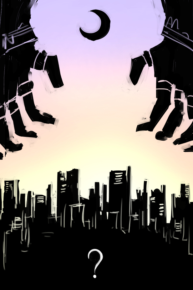 Safebooru - ? cityscape commentary request crescent moon disembodied ...