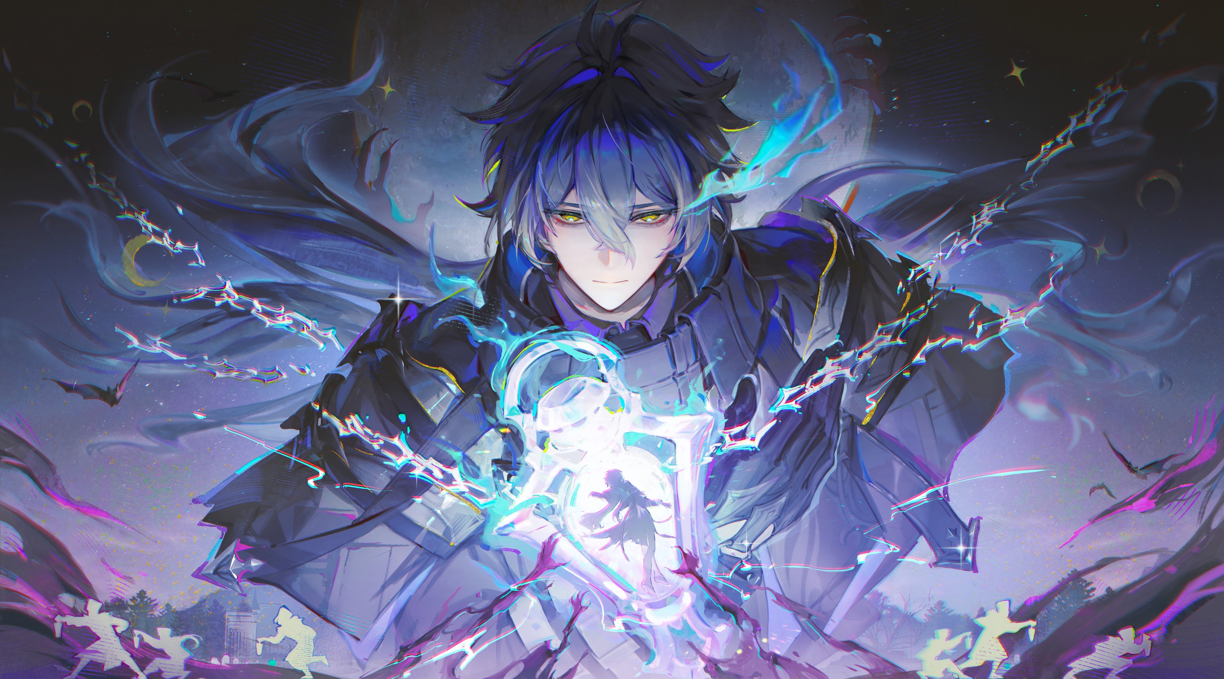 Safebooru - 1boy absurdres bat (animal) black coat blue hair broken ...