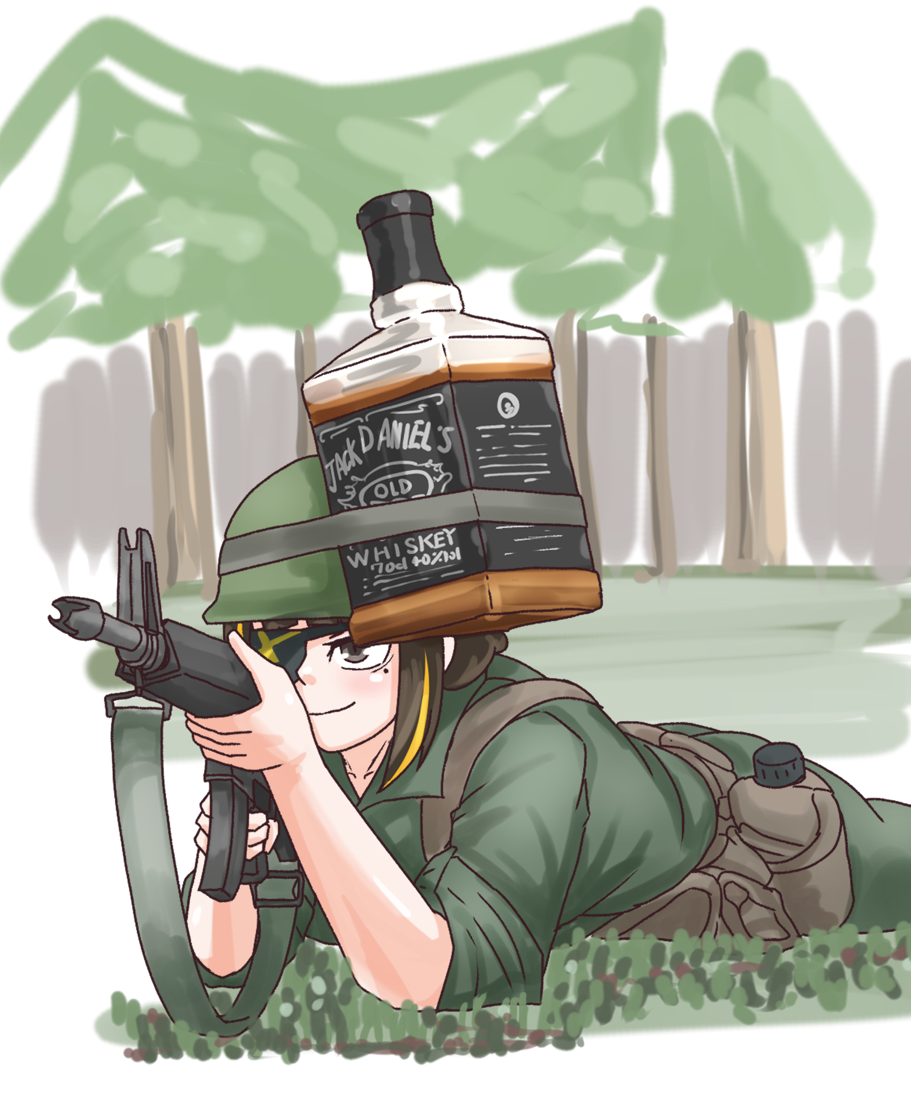Safebooru - 1girl aiming alcohol ammunition pouch assault rifle black ...