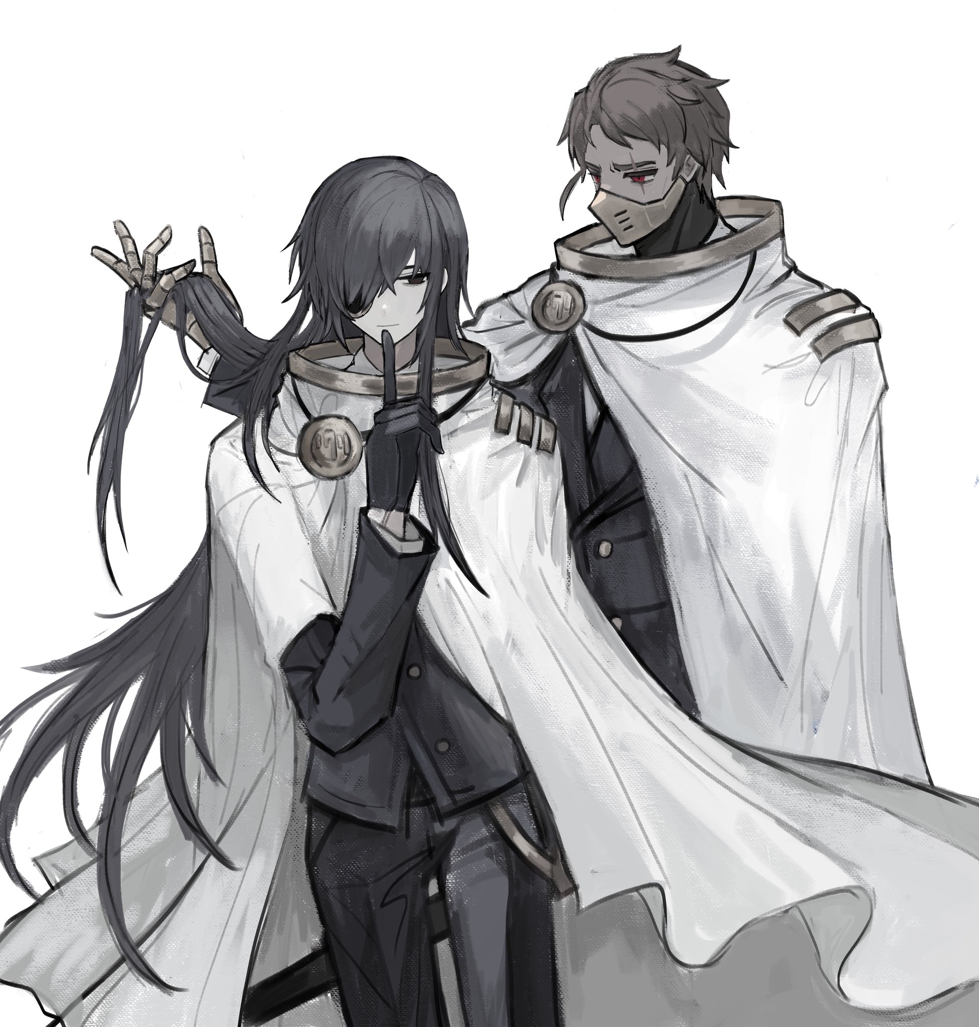 Safebooru - 2boys badge black eyes black gloves black hair black jacket ...