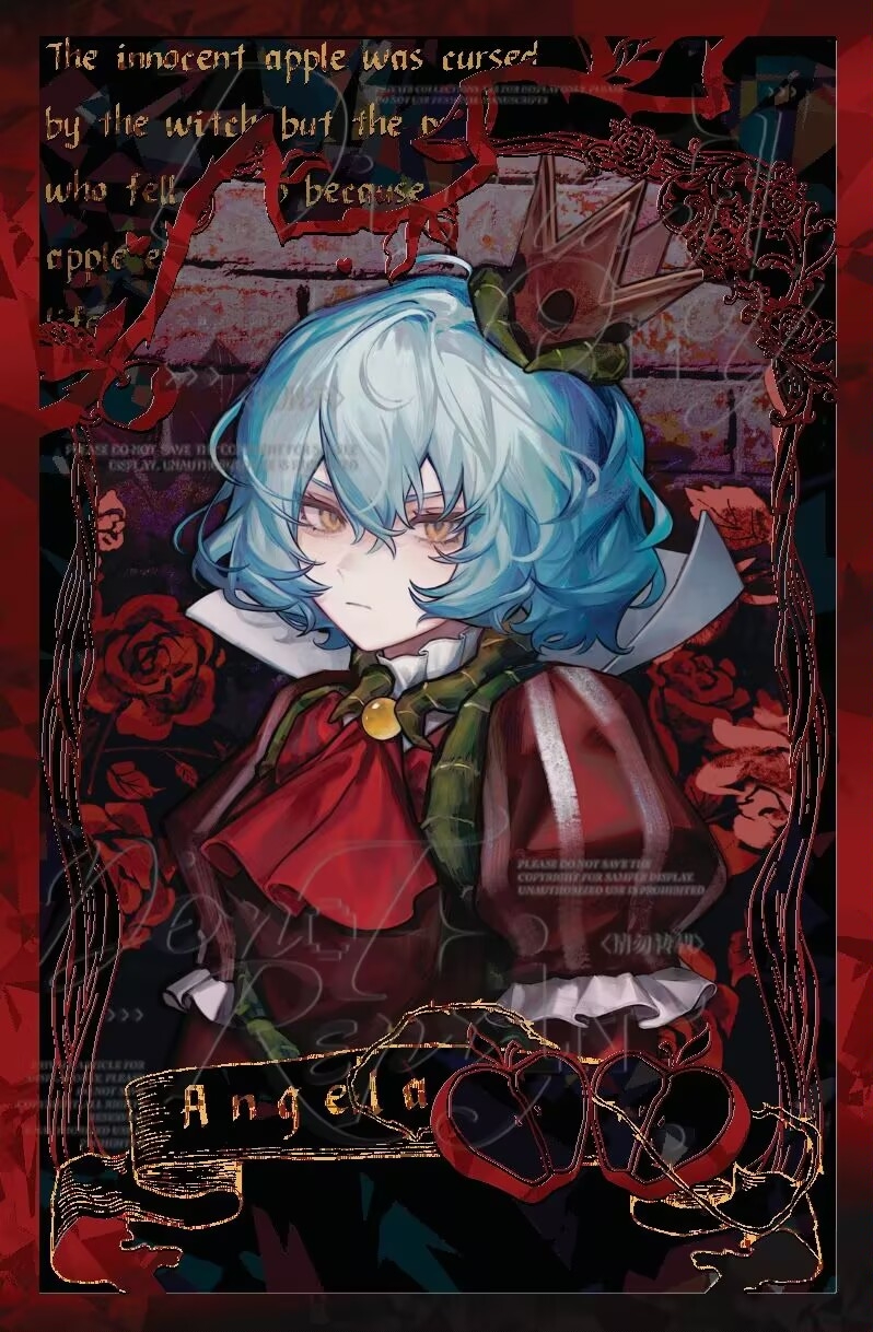 Safebooru - 1girl angela (project moon) apple ascot blue hair character ...