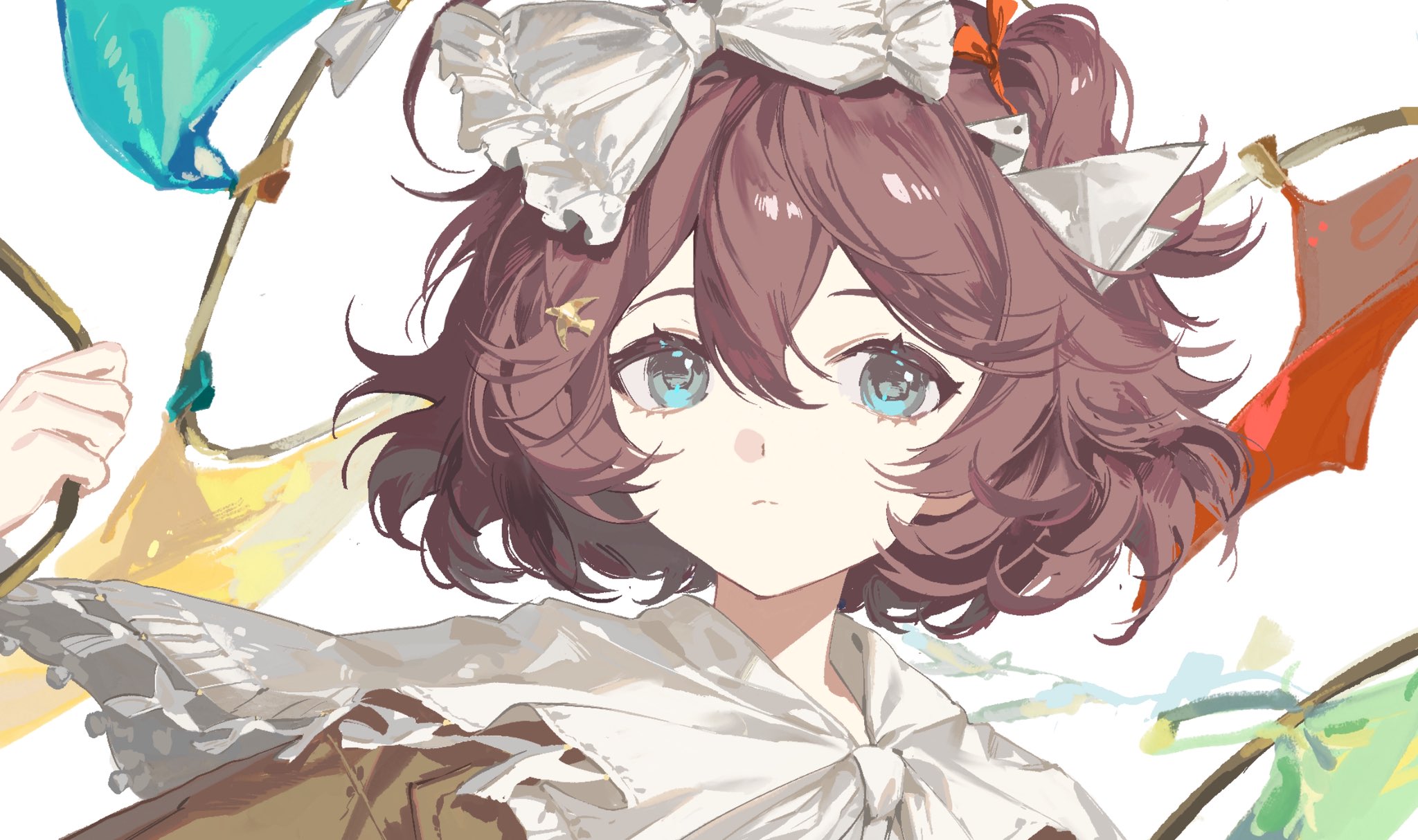 Safebooru - 1girl blue eyes bow brown hair cape closed mouth ...