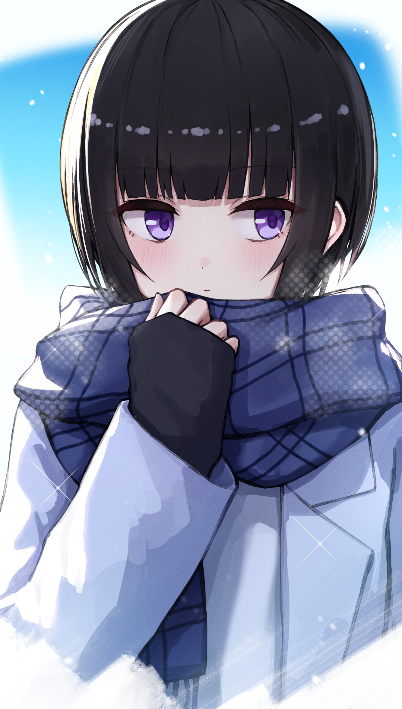 Safebooru - 1girl :| backlighting black hair blue scarf blunt bangs ...