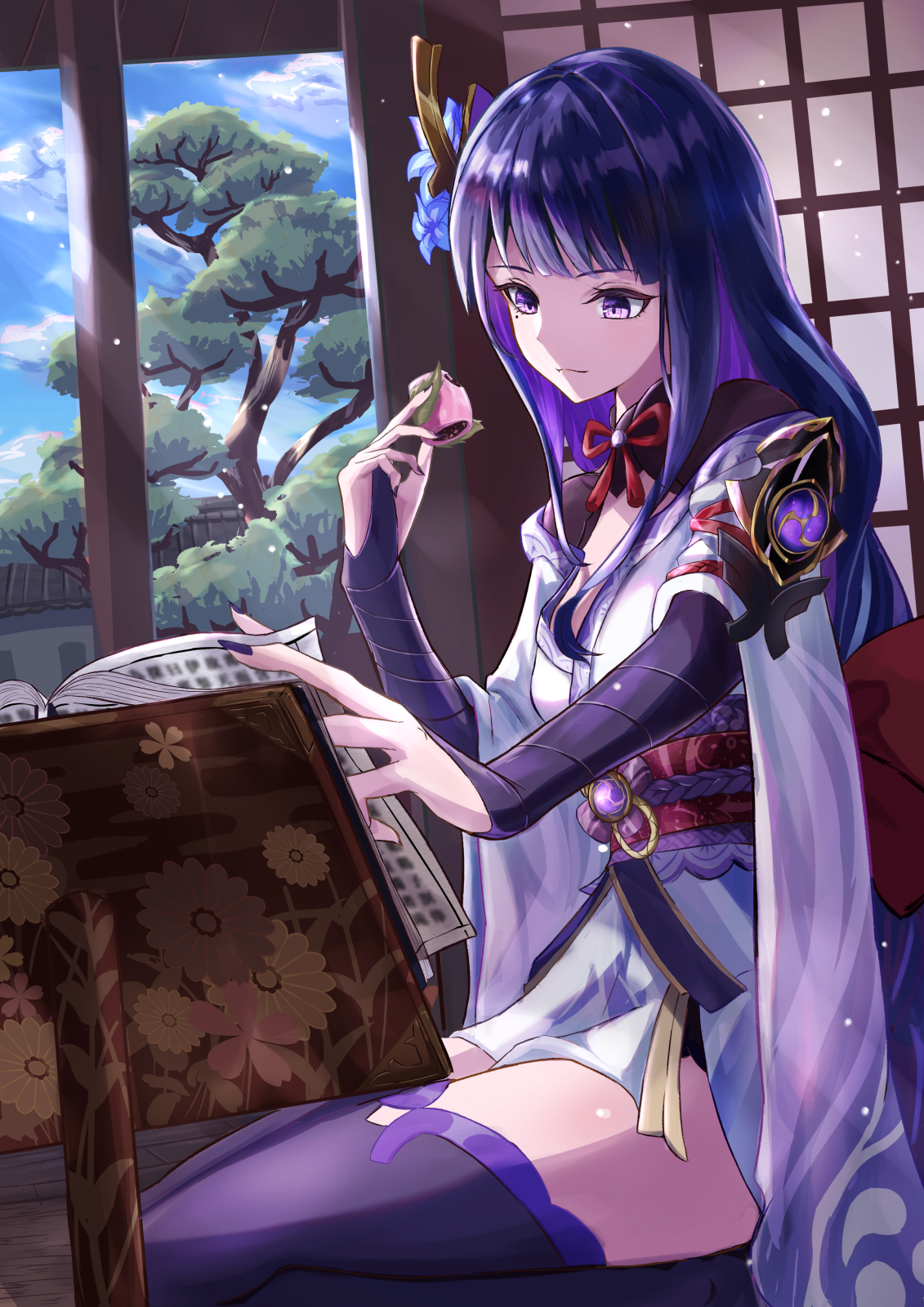 Safebooru - 1girl asymmetrical sleeves blue sky blunt bangs book braid ...