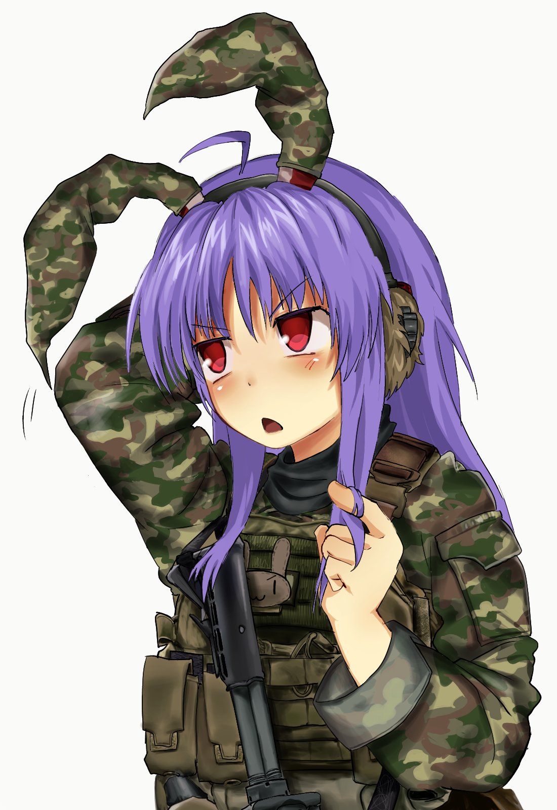 Safebooru - ahoge ear covers earmuffs gun long hair looking away ...