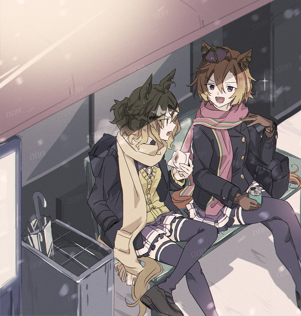 Safebooru - 2girls ahoge animal ears bench blue coat braid breasts ...