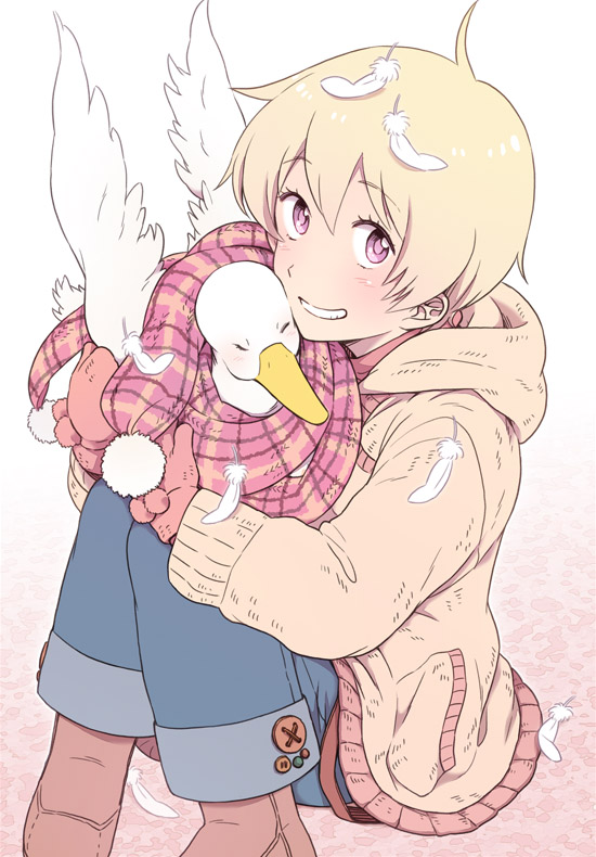 Safebooru - 1boy ahoge bird blonde hair blush boots coat feathers goose grin haru (tsuritama ...