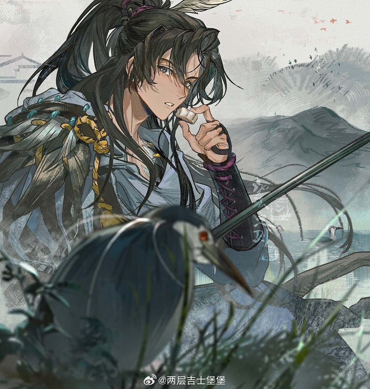 Safebooru - 1boy architecture bird black eyes blue shirt blurry blurry ...