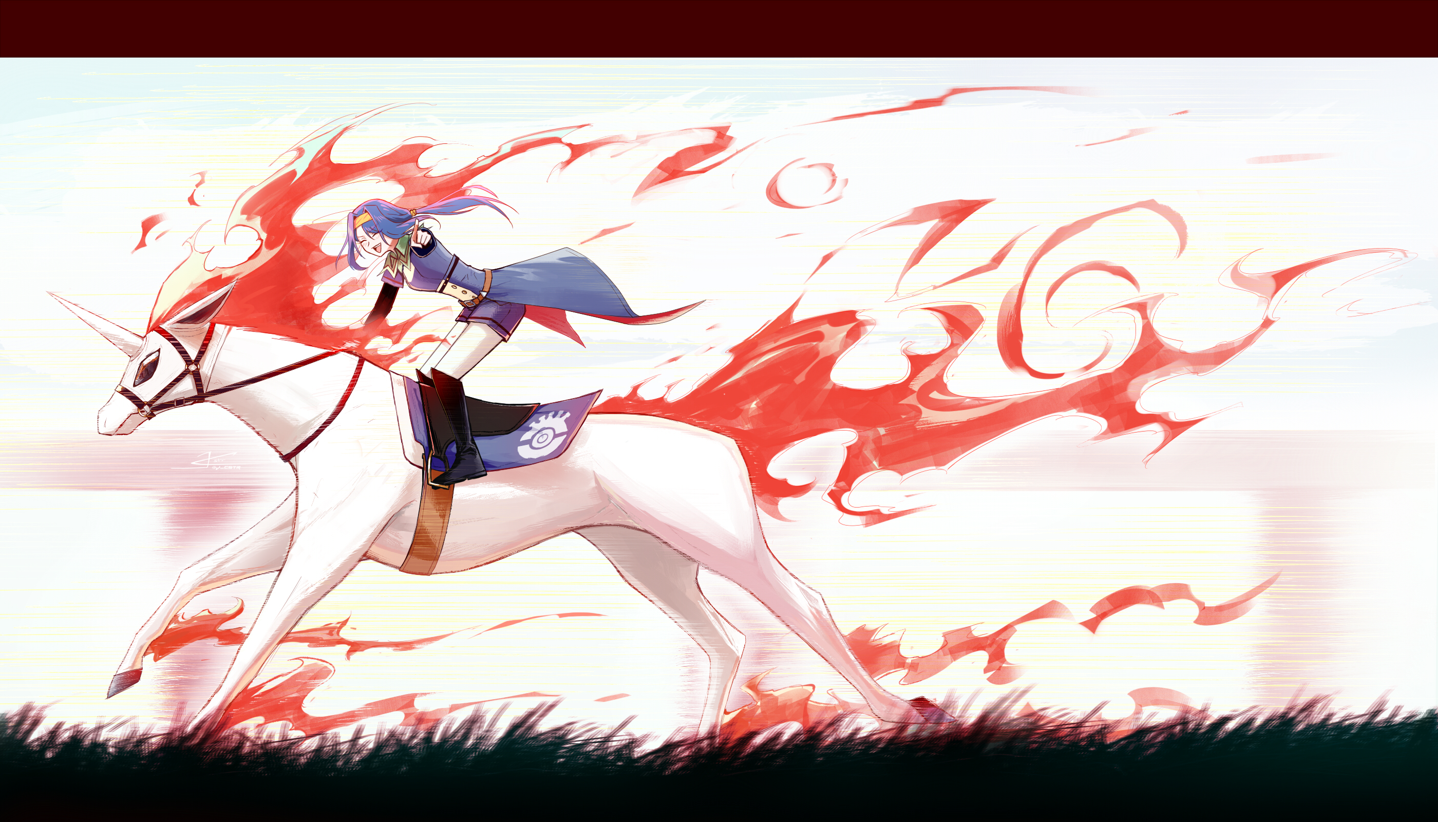 Safebooru - 1girl blue hair boots commentary request fiery hair fiery ...