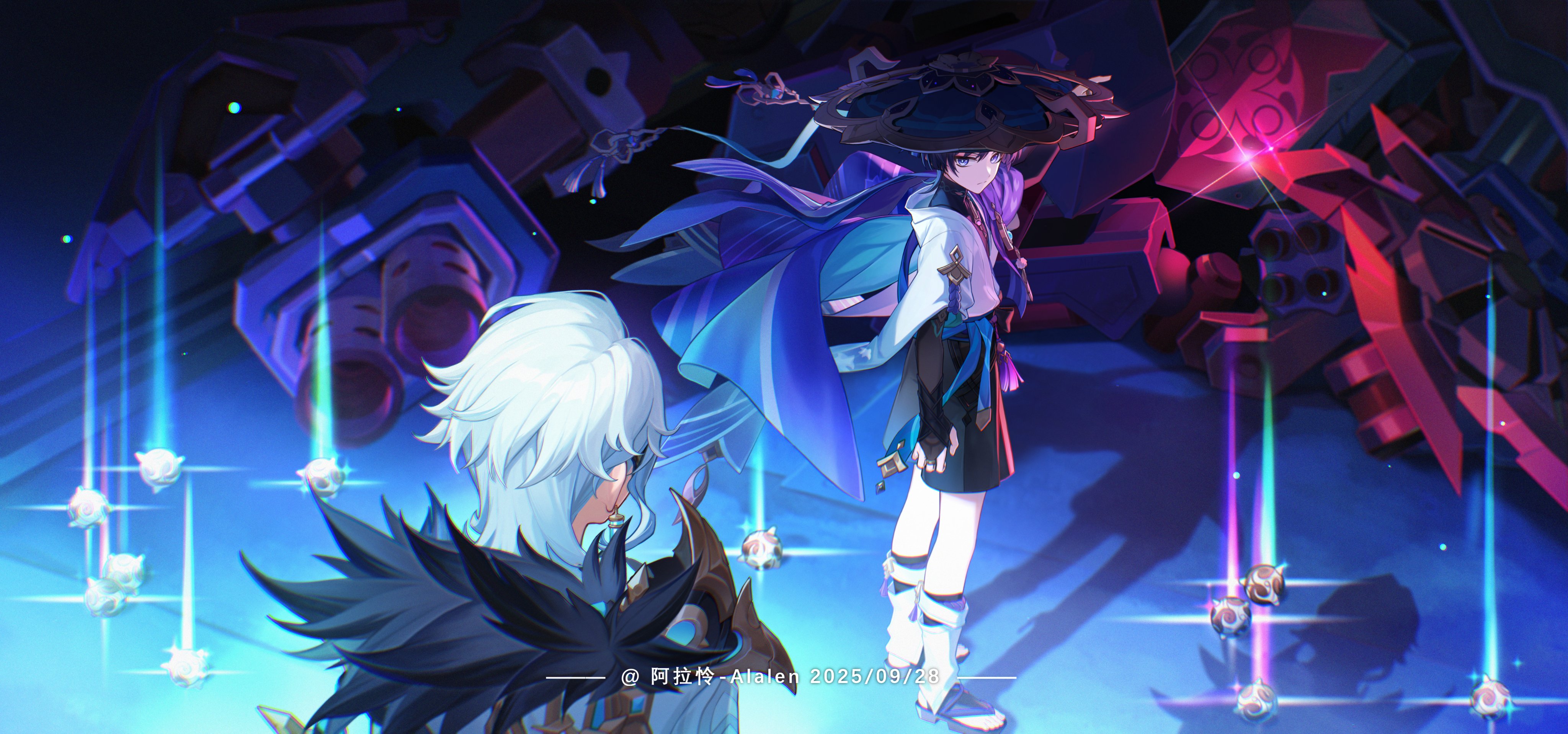 Safebooru - 2boys absurdres alalen animal print arm at side armor bird ...