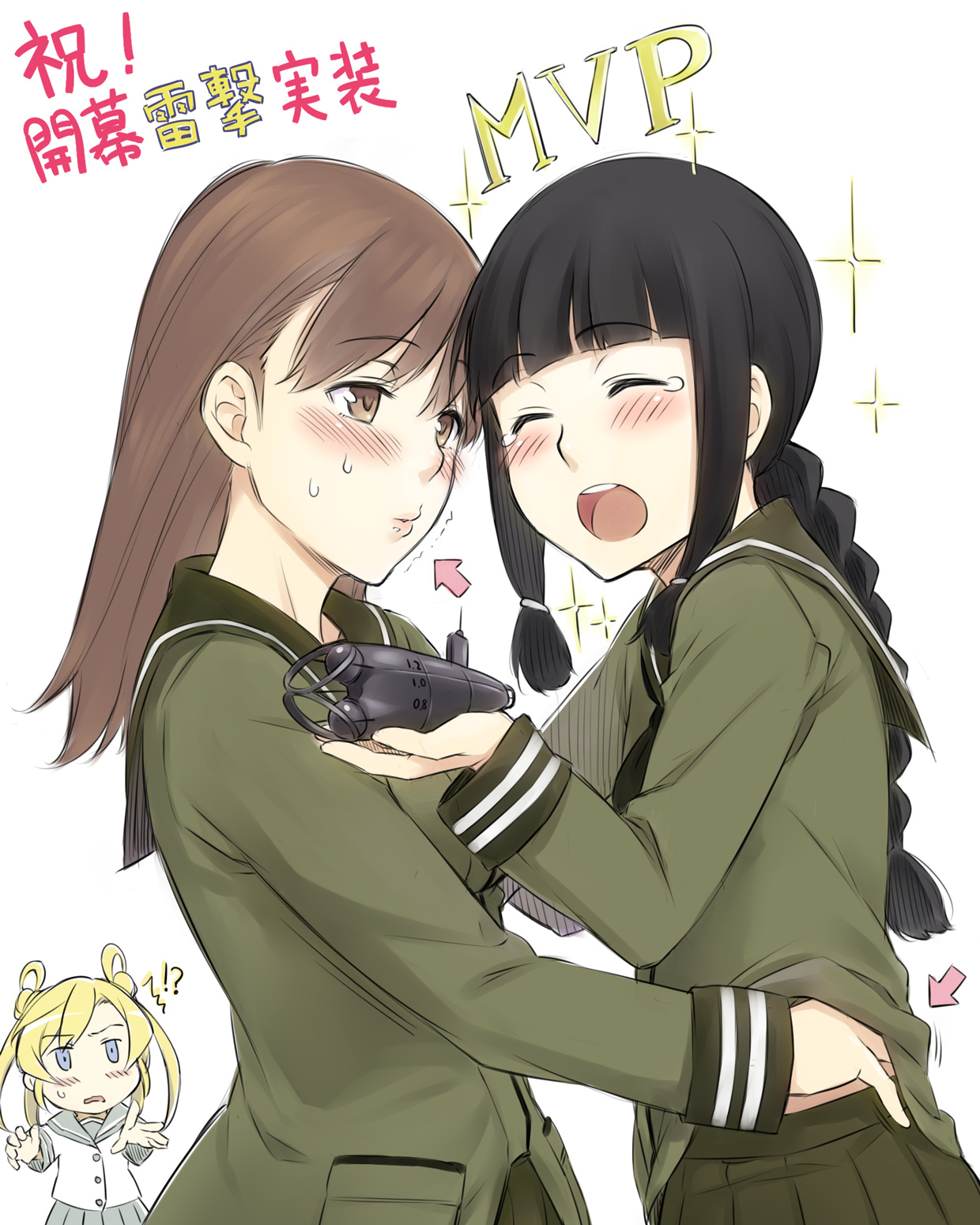 Safebooru - !? /\/\/\ 3girls :o ^ ^ abukuma (kantai collection) black hair blonde hair blue eyes ...