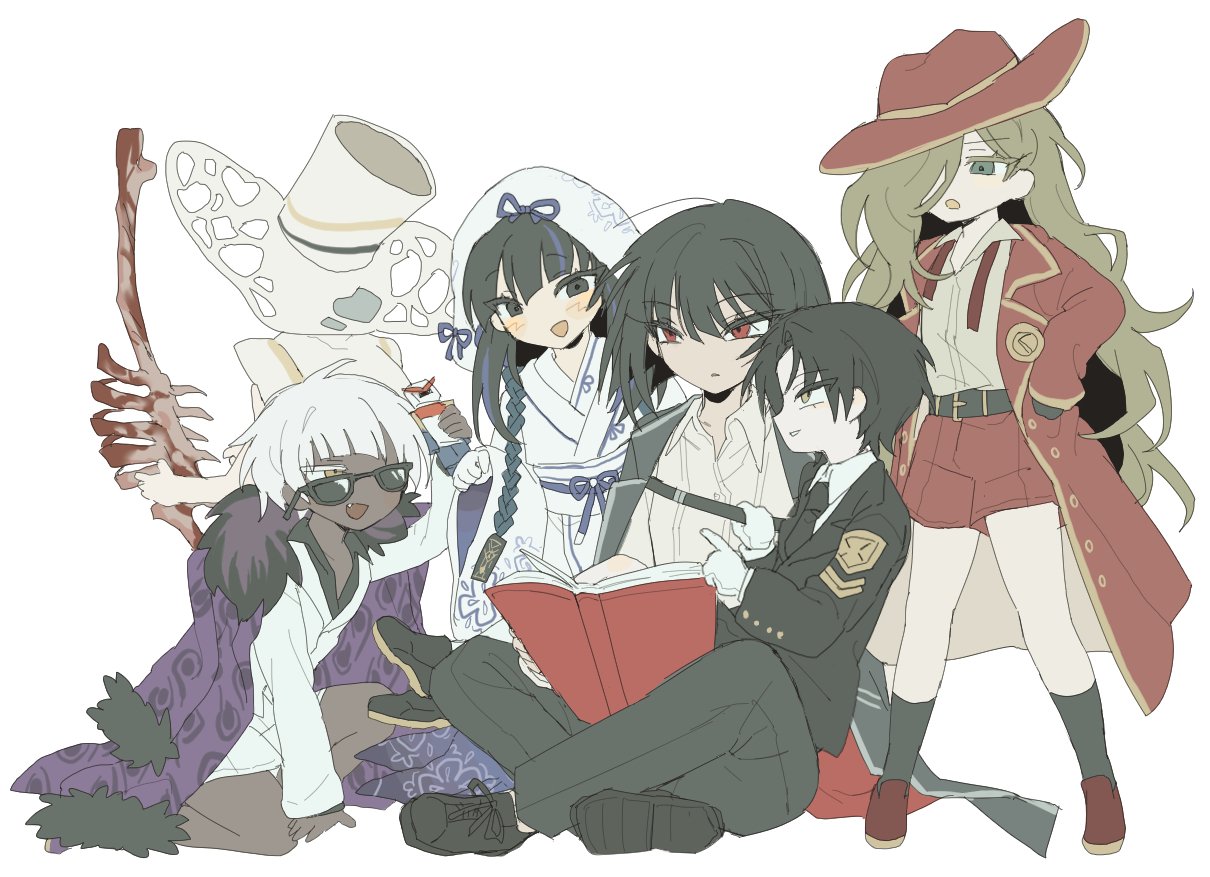Safebooru - 3boys 3girls aged down araya (project moon) black eyes ...