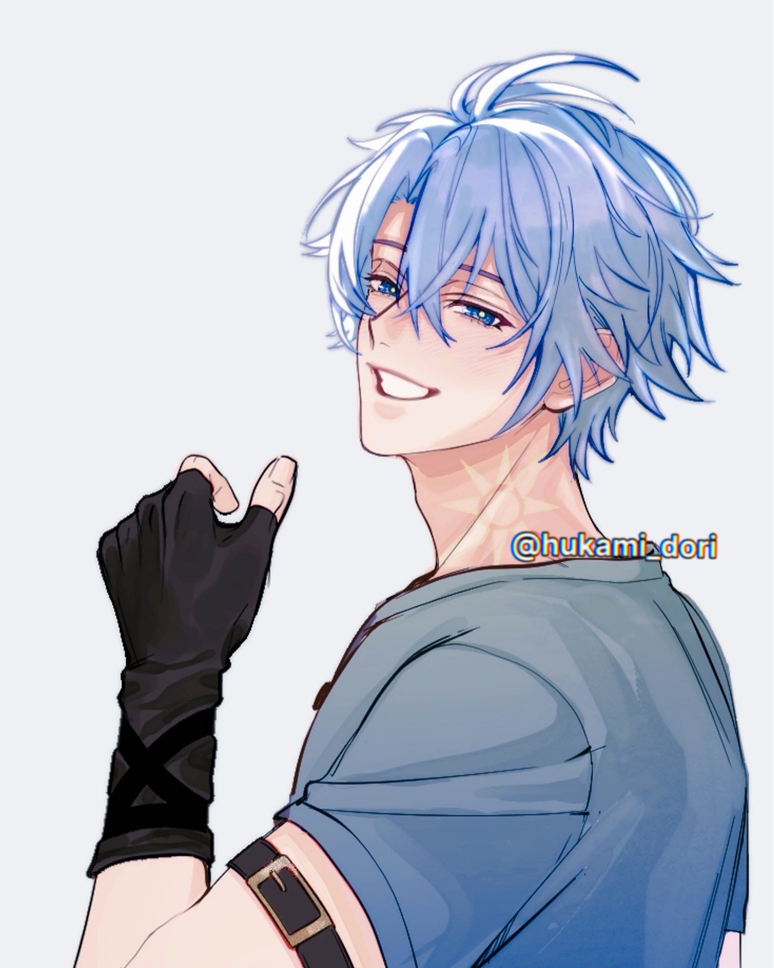 Safebooru - 1boy arm belt black gloves blue eyes blue hair blue shirt ...
