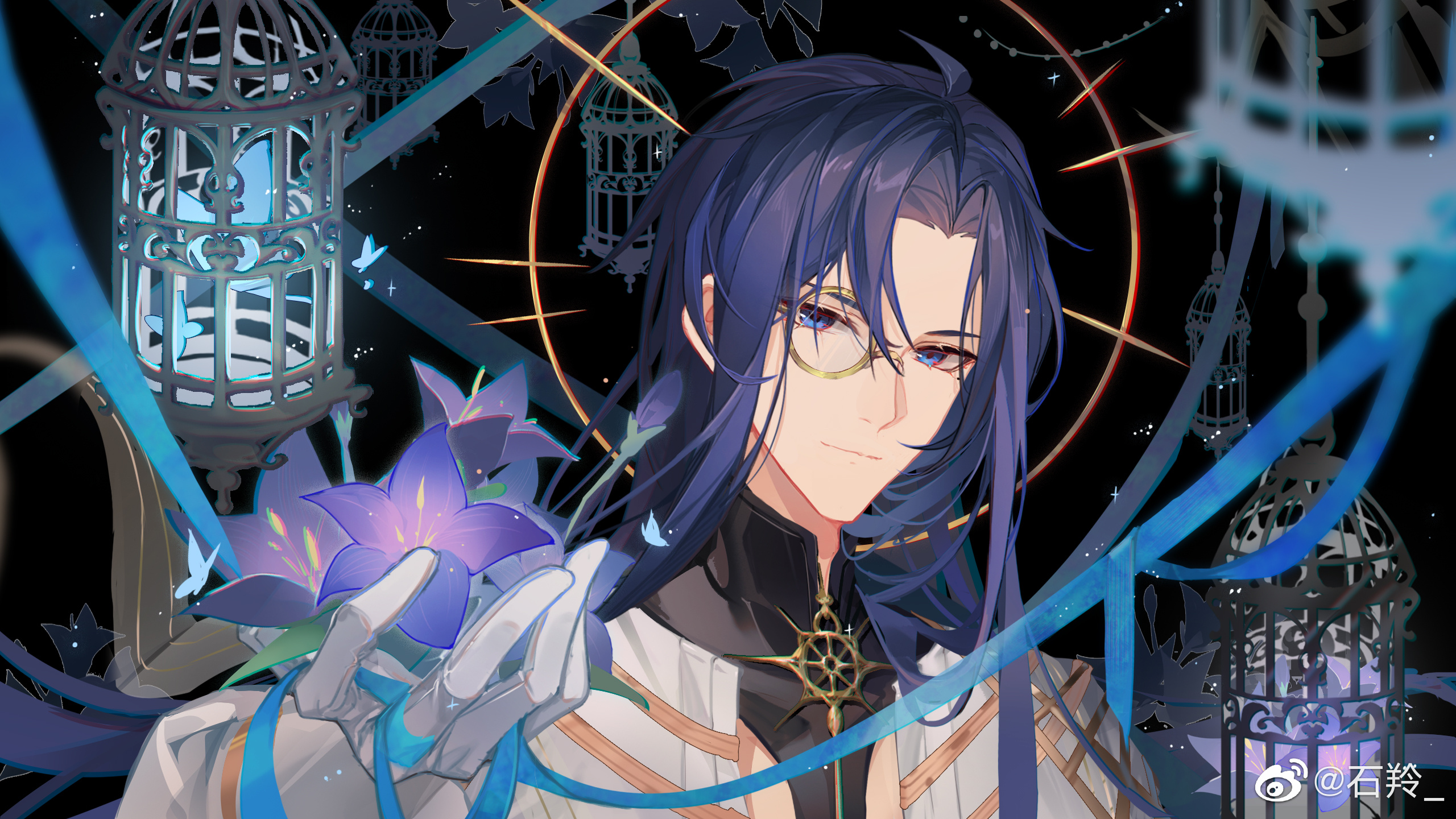 Safebooru - 1boy bellflower birdcage black background black shirt blue ...