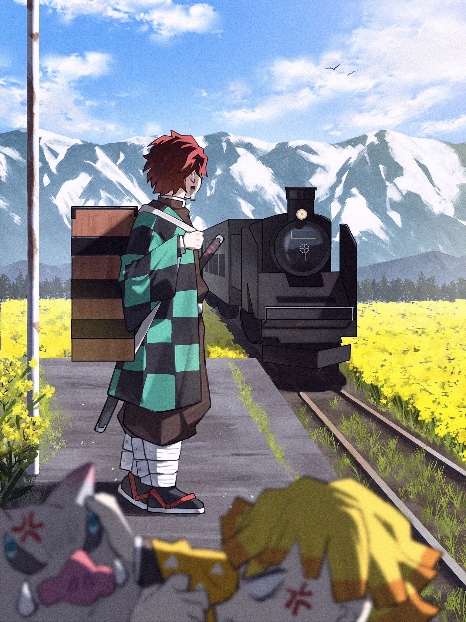 Safebooru - 3boys agatsuma zenitsu anger vein boar mask checkered haori ...