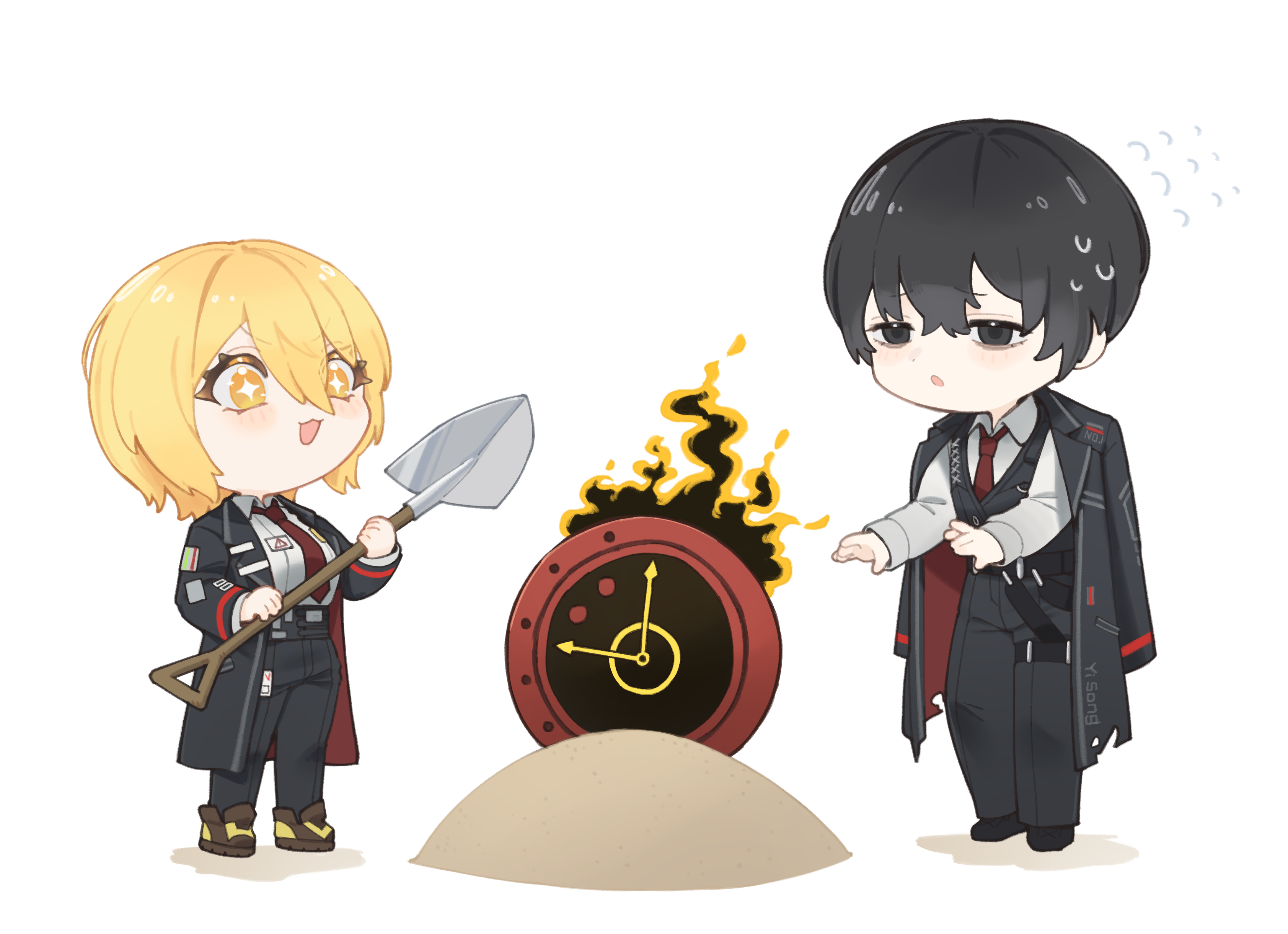 Safebooru - 1boy 1girl 1other absurdres black coat black eyes black ...