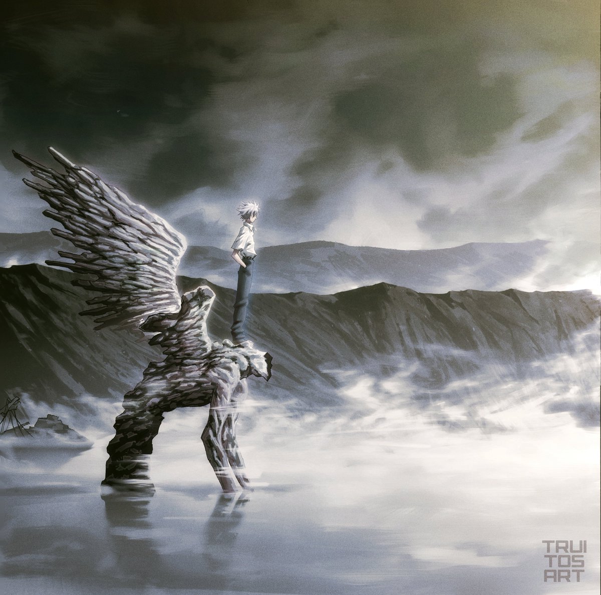 Safebooru - 1boy angel statue black pants clouds cloudy sky collared ...