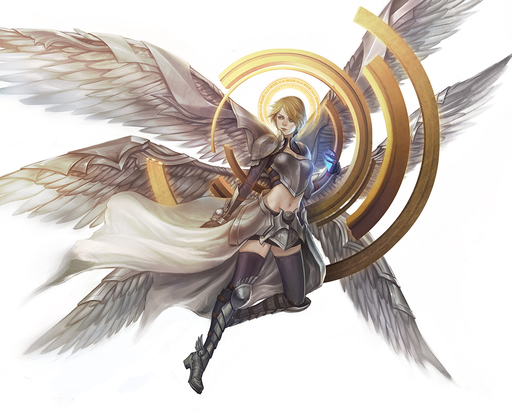 Safebooru - 1girl angel angel wings black legwear breasts gauntlets ...