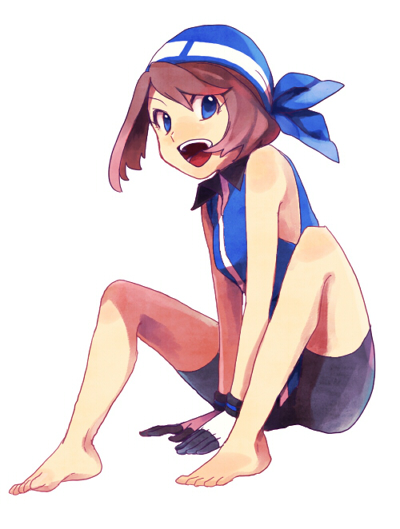 Safebooru - 1girl bandana barefoot bike shorts black bike shorts blue eyes brown hair full body ...